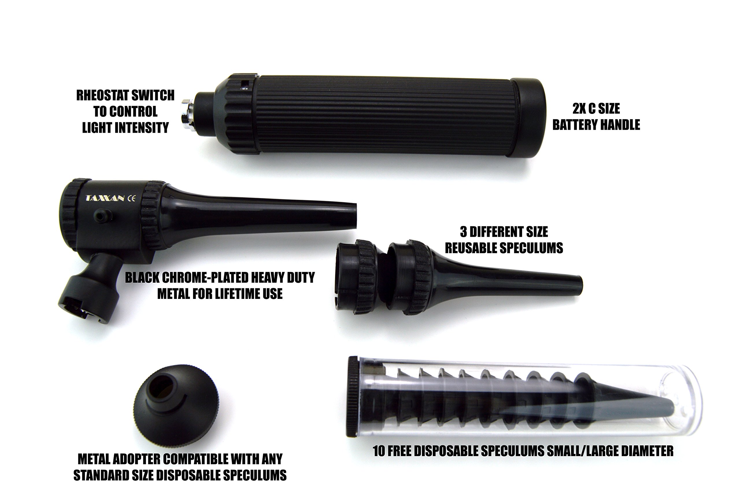 TAXXAN Veterinary Black Otoscope ENT Diagnostic Set with Metal Adapter to USE Standard Disposable Speculum …