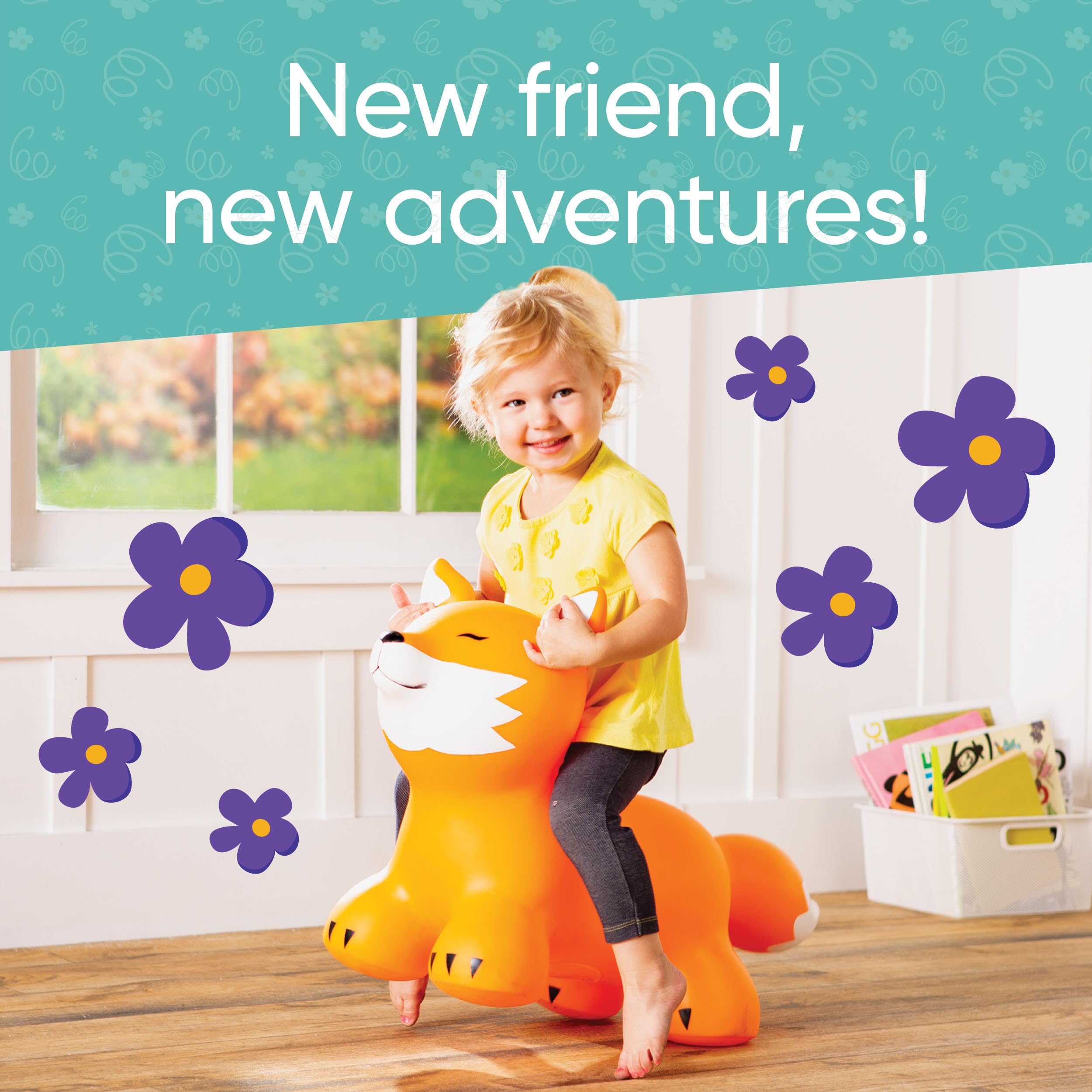 Hearthsong Bouncy Inflatable Animal Jump-Along, 28”L x 13.5”W x 17.5”H, Hand Pump Included, 150 lbs., Ages 12 Months and Up, Fox