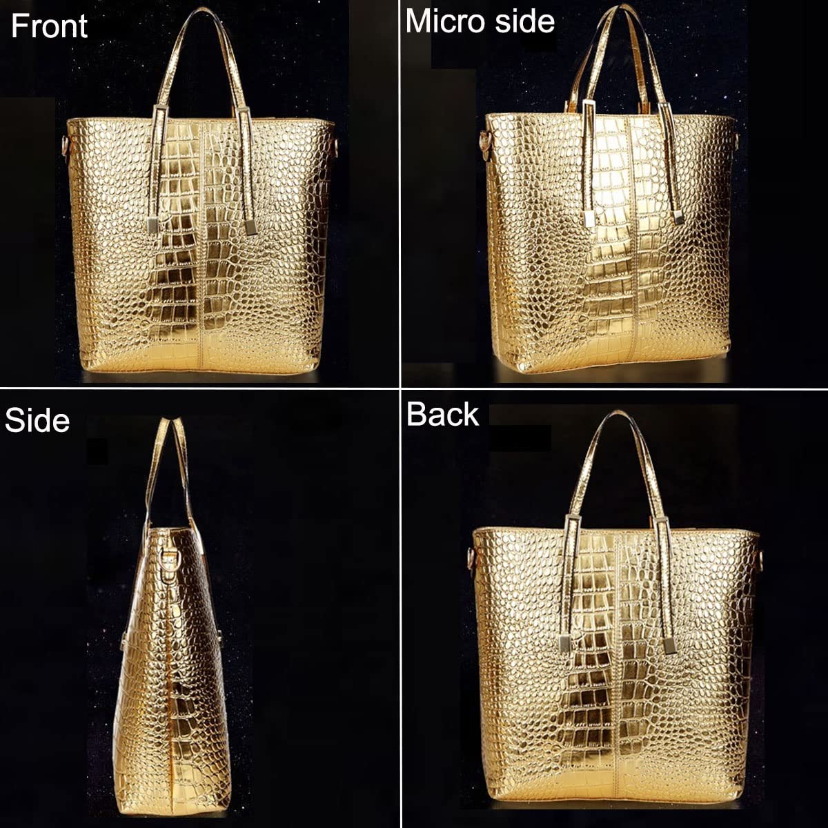 XingChen 3-PC Women PU Handbag+Shoulder Bag+Clutch Crocodile Pattern Top Handle Fashion Satchel Tote Purse Black