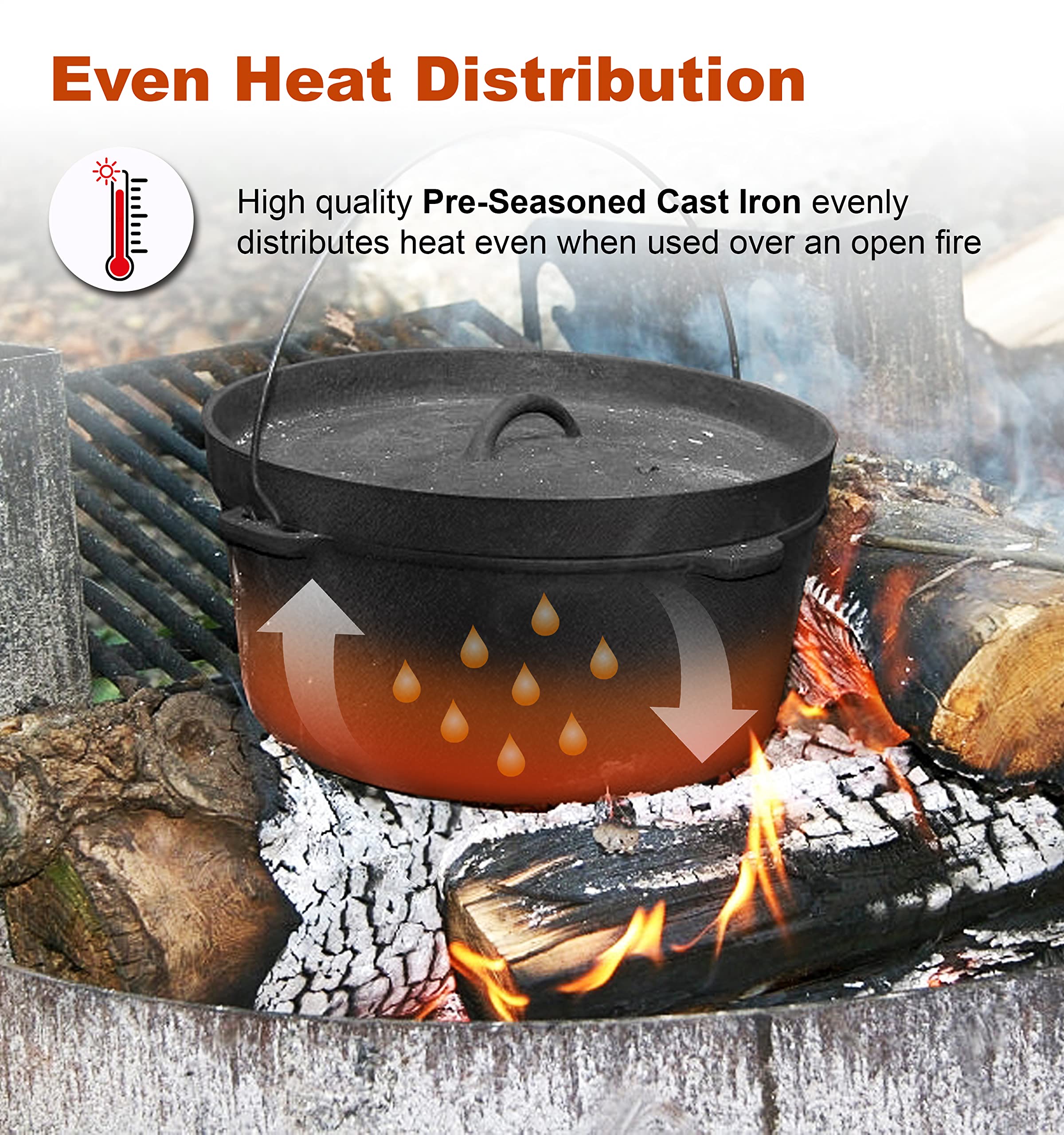 Bruntmor Pre-Seasoned Cast Iron Dutch Oven with Flanged Lid Iron Cover, for Campfire or Fireplace Cooking Pre-Seasoned Camping Cookware Flat Bottom 8 Quart