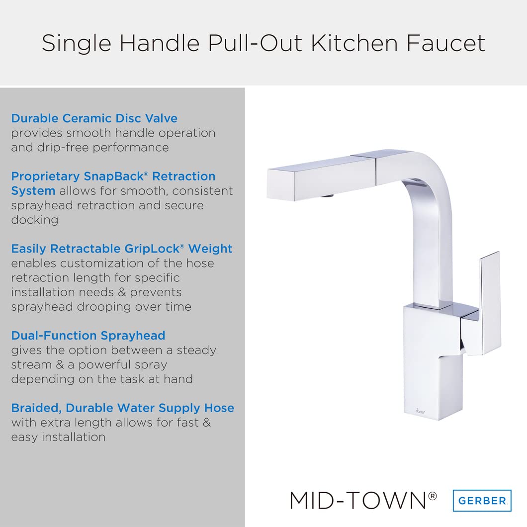 Danze Mid-Town Single Handle Pull-Out Kitchen Faucet with Snapback Retraction, Chrome