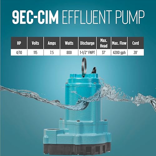 Little Giant 9EC-CIM 115-Volt, 4/10 HP, 4200 GPH Manual Cast Iron Sump/Effluent Pump with 20-Ft. Cord, Blue, 509805