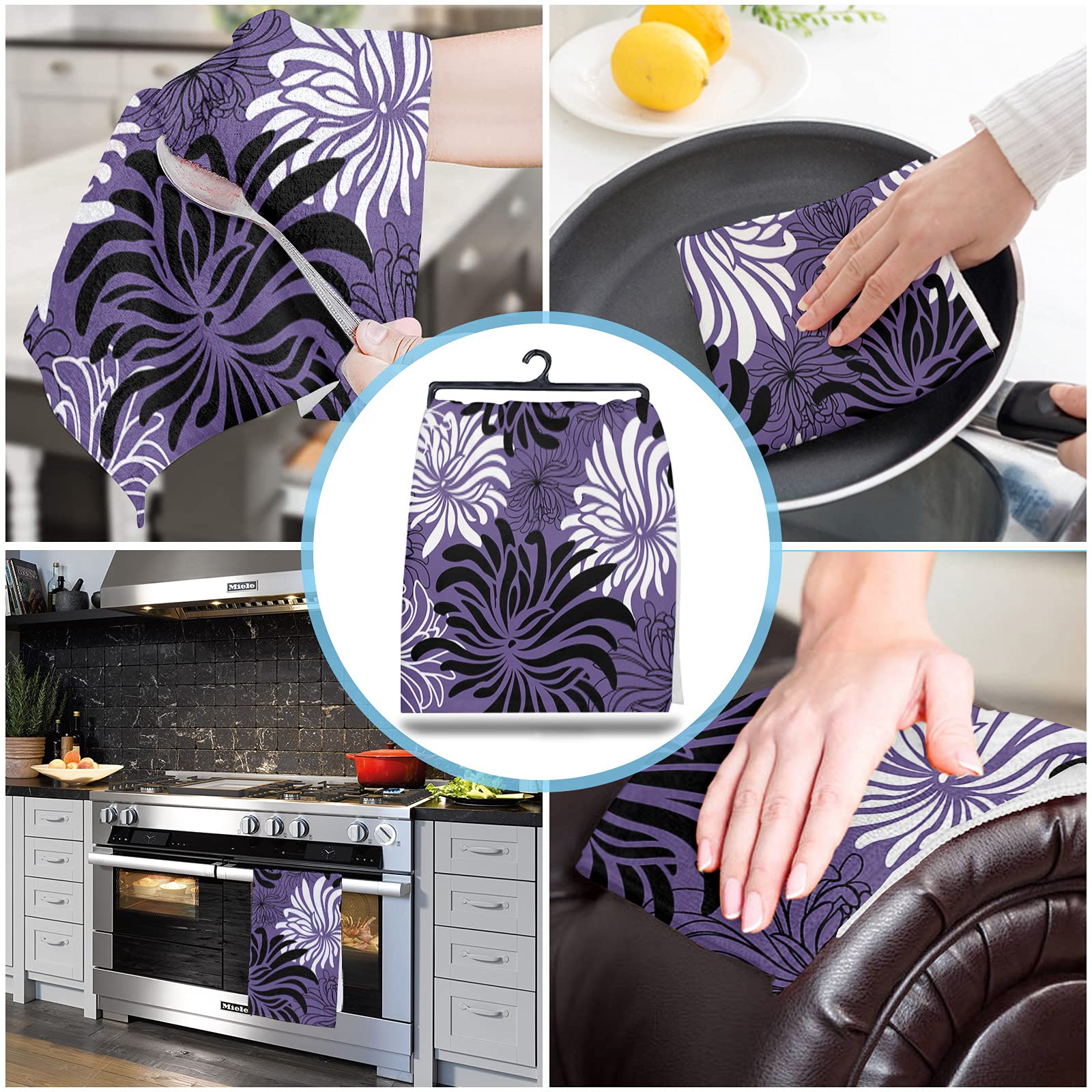 Big buy store Flowers Chrysanthemum Kitchen Dish Towels, Soft Lightweight Microfiber Absorbent Hand Towel Retro Black White Purple Tea Towel for Kitchen Bathroom 18x28in