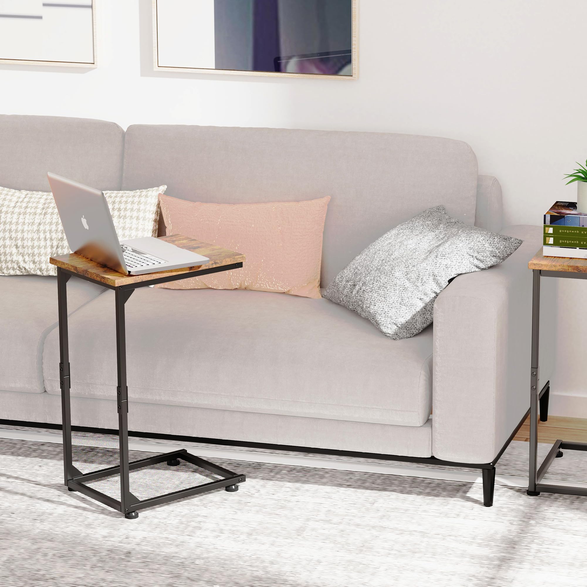 C Shaped End Table, Small Side Table for Couch, Laptop Table, Small TV Tray Table, Sofa Table for Living Room, Bedroom, Bedside, Small Spaces (Rustic Brown and Black)