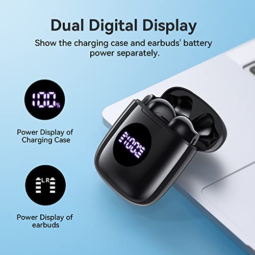 CAPOXO Wireless Earbuds, V5.3 Bluetooth Headphones 50Hrs Battery Life with Wireless Charging Case & LED Power Display Deep Bass Ear buds Waterproof Earphones Microphone Stereo Headset for TV Phone Laptop, N7-BL-2306, Black
