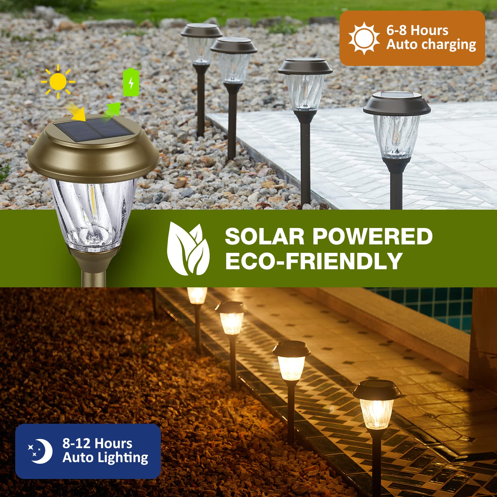 XMCOSY+ Solar Lights Outdoor Waterproof, 6 Pack Solar Pathway Lights 10-25 LM Dimmable Auto On/Off Garden Lights Solar Powered IP65 Waterproof, Stainless Steel Glass LED Landscape Lighting for Yard
