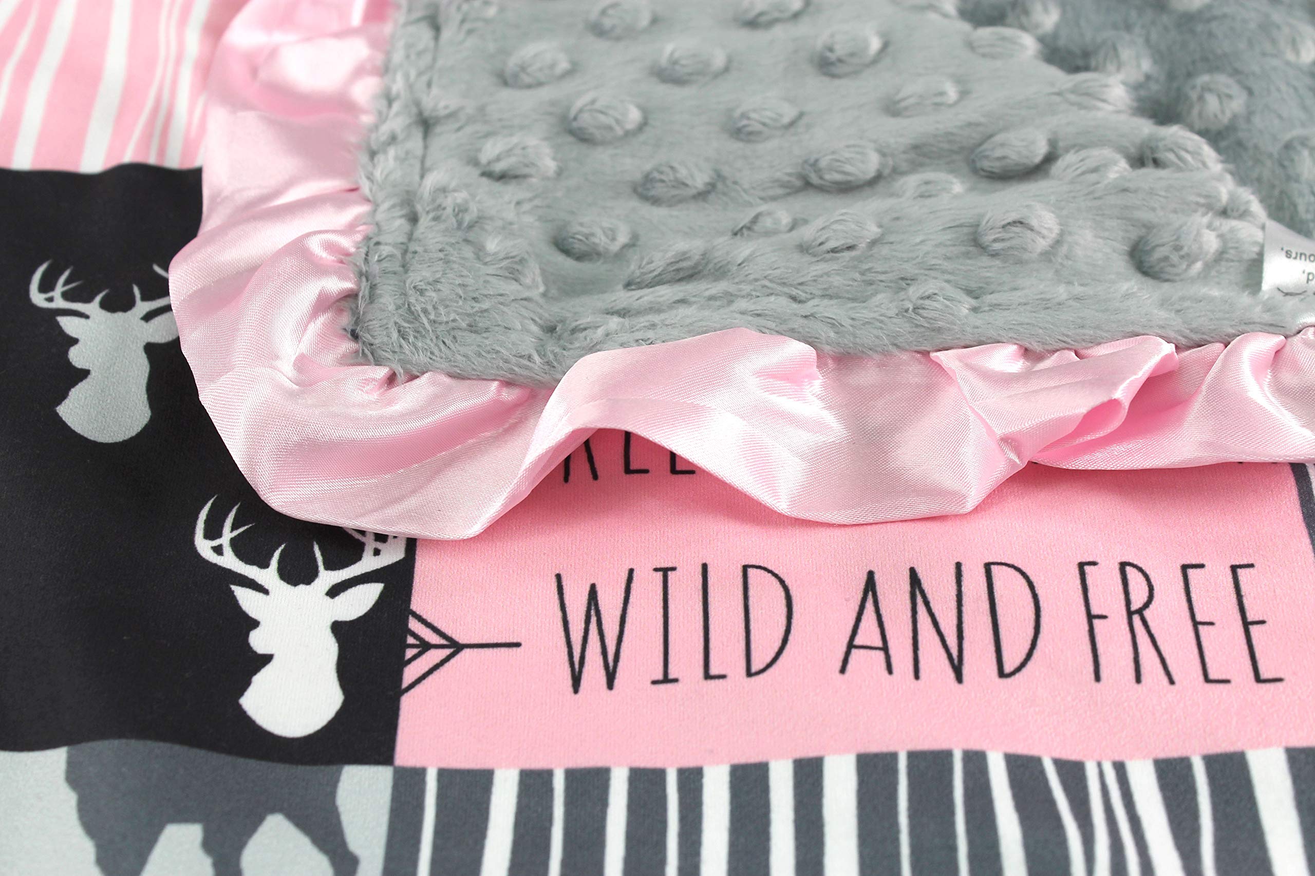 Baby Blanket - Minky, Deer, Arrows and Antlers, Pink with Gray and Black, with Pink Ruffles