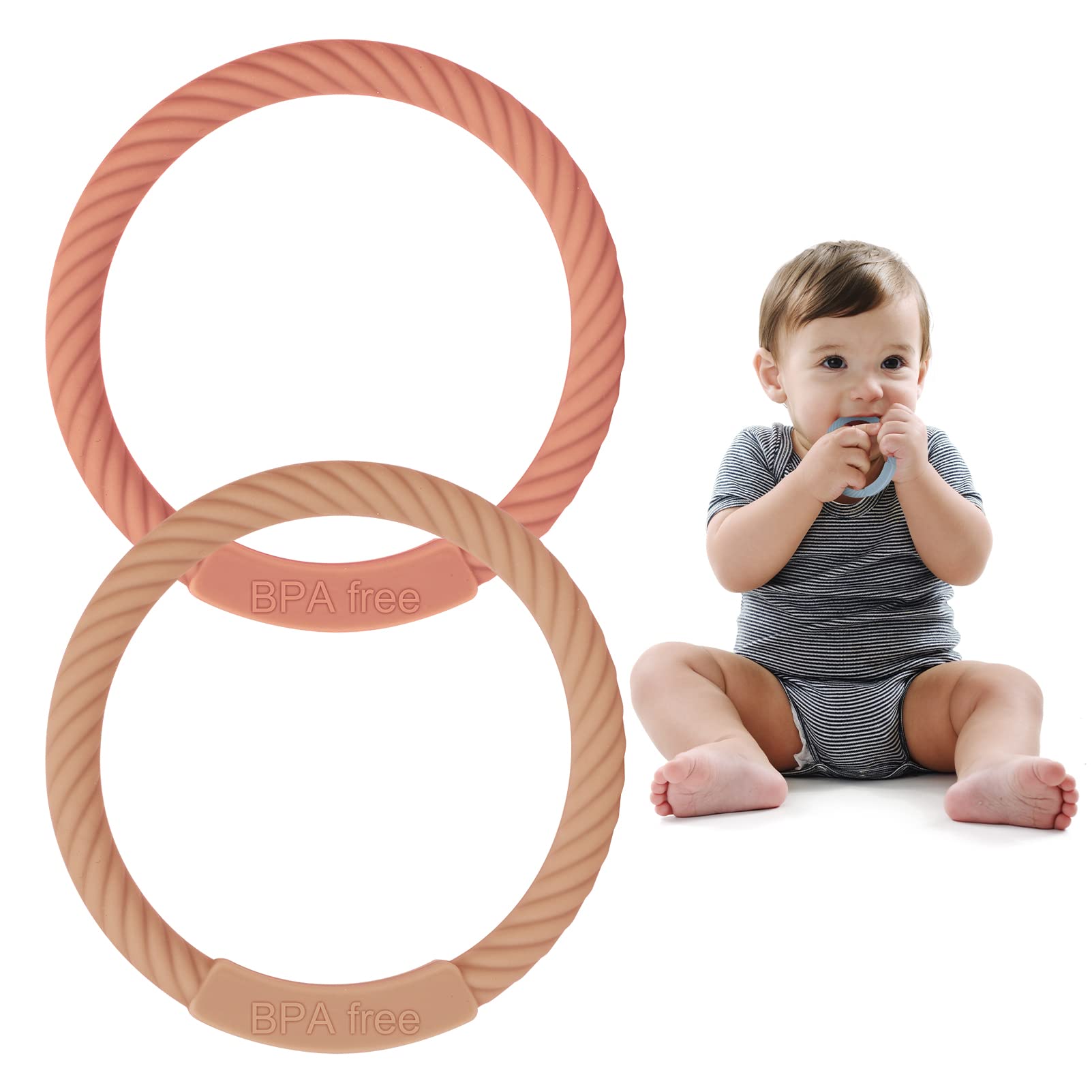 Baby Teething Rings,Baby teether Toys, Soft Silicone Teether Bracelets for 3+Month Babies,Wearable as Mom Bracelets,Baby chew Toys,BPA Free,4 Pack (Ether+Sage+Muted+Apricot)