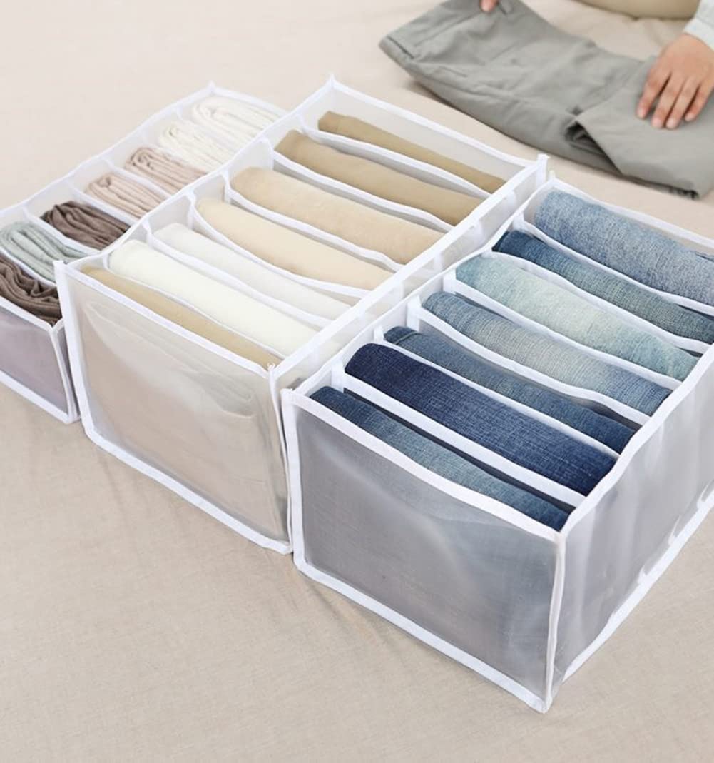 Wardrobe Clothes Organizer and Mesh Storage for Jeans Folded Clothes, Drawer Organizer Clothes, Organizer for Closet (Shirt with 7 Grids Medium, Grey)