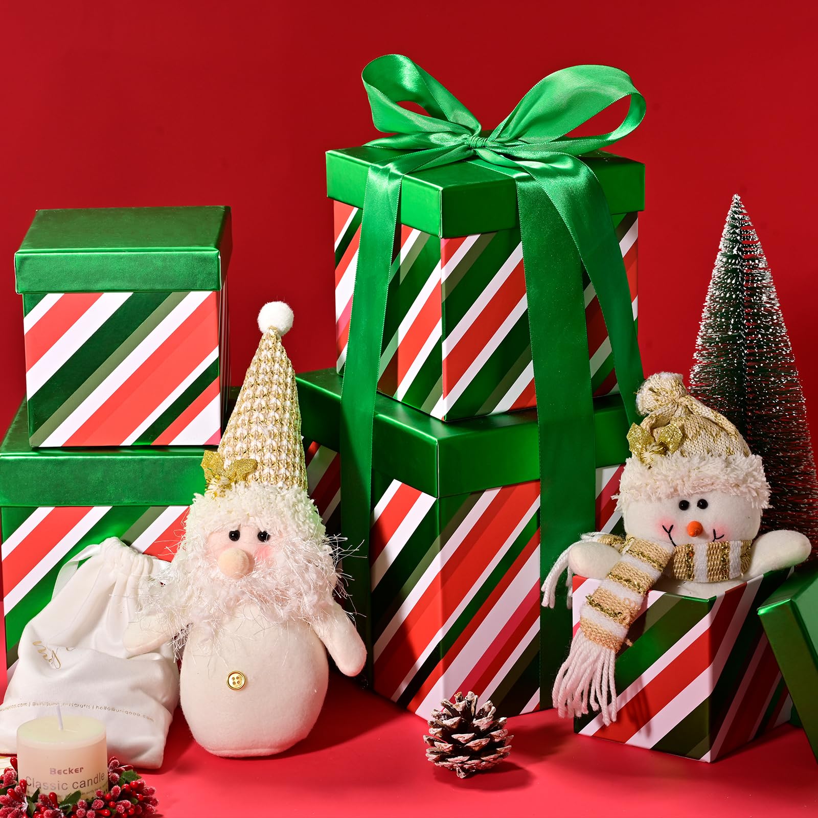 PAPER FAIR 5PCS Christmas Nesting Gift Boxes with Lid, Xmas Nested Box Set, 5 Sizes, Square Stackable, Green Red Stripe Paper Box Tower Décor with Satin Ribbon, for Holiday Thanksgiving New Year