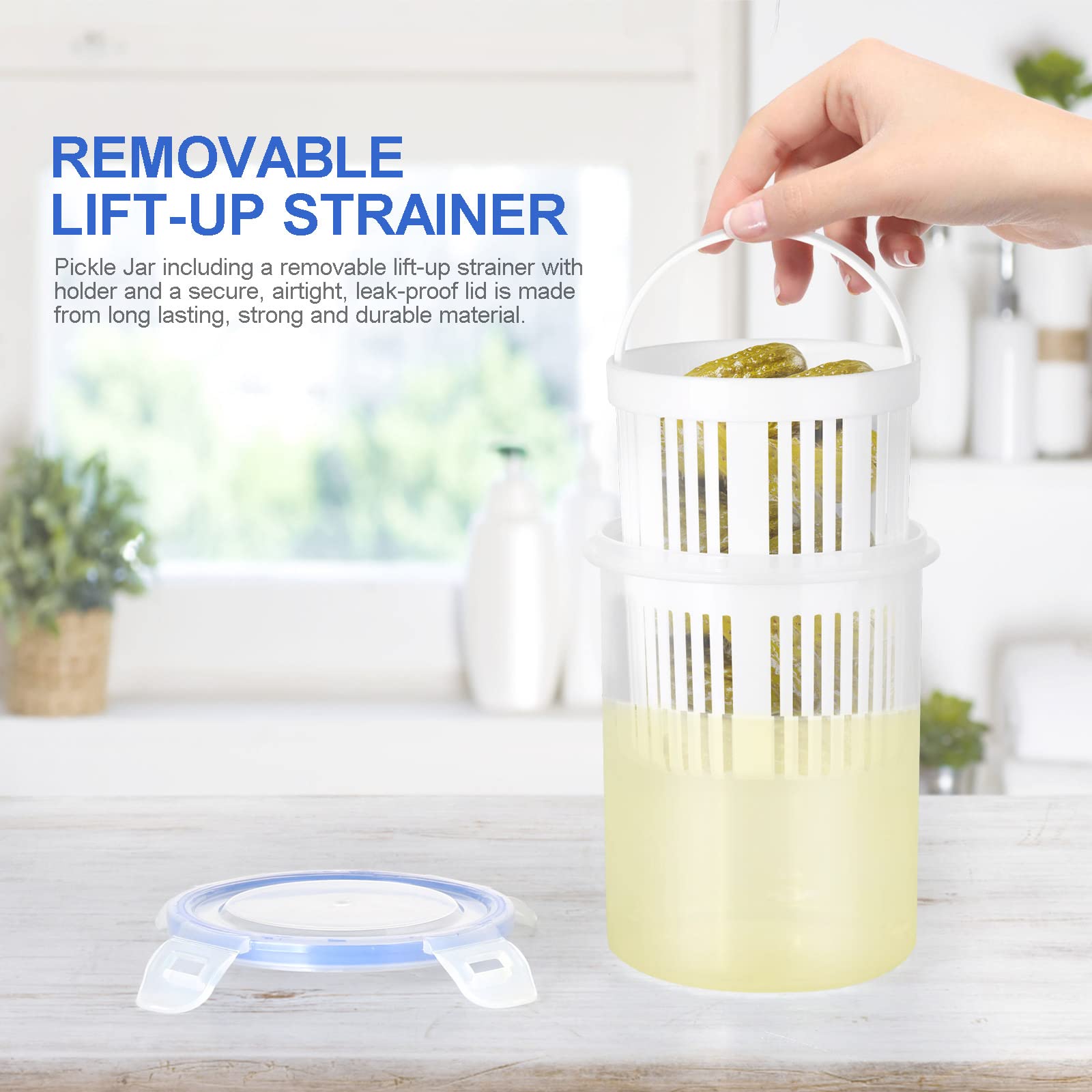 BestAlice 4 Pack Pickle Jar with Strainer Insert, Transparent Pickle Storage Container with Leaks-Proof and Lock It Lid, Pickle Holder Keeper Lifter, Barrel of Olive Jalapeno, Food Storage Container