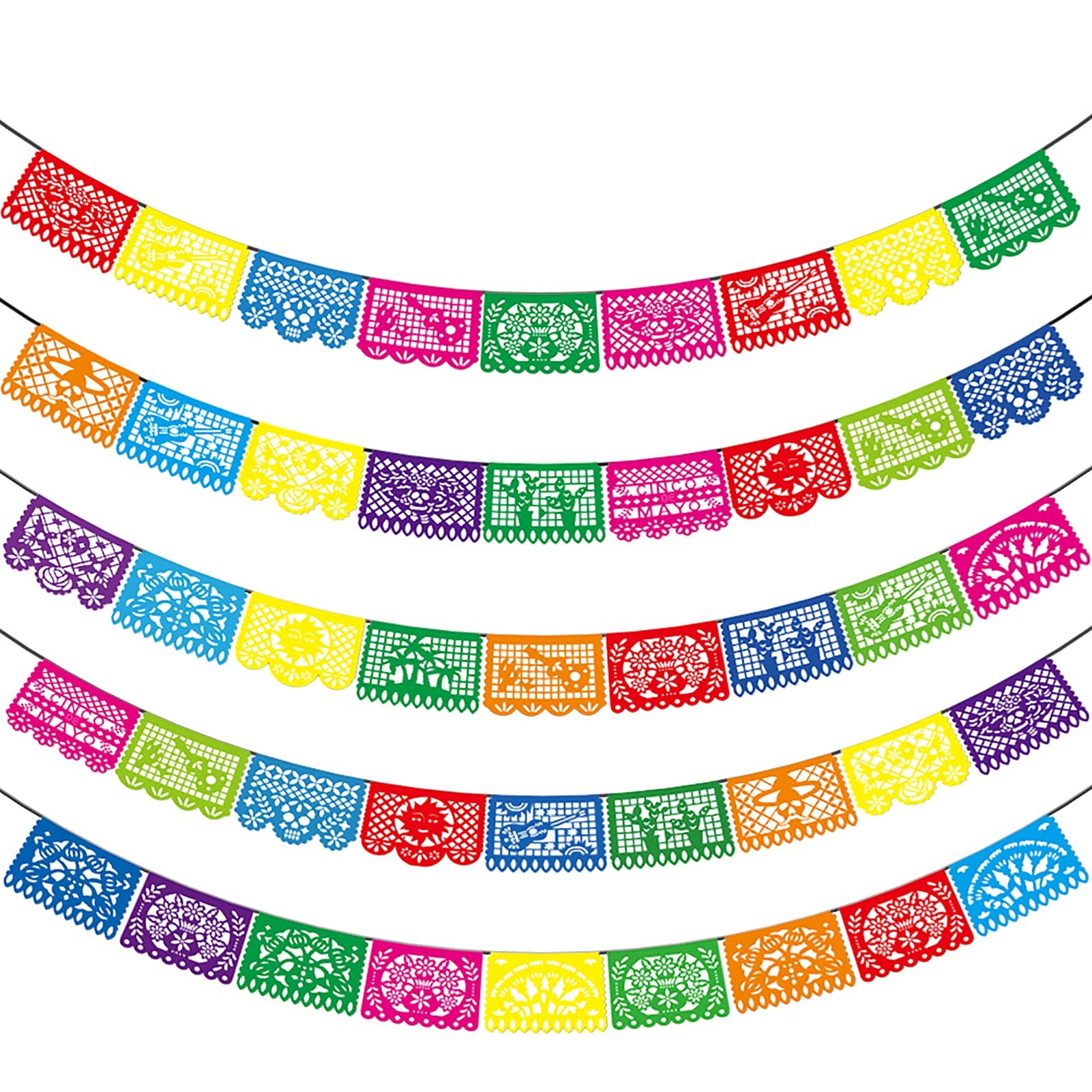 Asoulin 5 PCS Mexican Party Banners, Cinco De Mayo Mexico Decor, Fiesta Party Decoration, Easter Decor, Plastic Papel Picado, Dia De Los Muertos, Day of The Dead Decoration, 12 Patterns/90 Feet Total