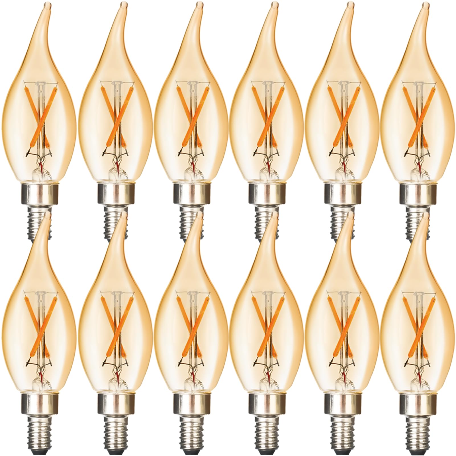 CHKADAWA 12 Pack E12 Dimmable Amber Candelabra Light Bulbs, Flame Tip 40 Watts Equivalent, Chandelier Light Bulbs CA11, Vintage Candle LED Bulb, Warm White 2200K, CRI 90+