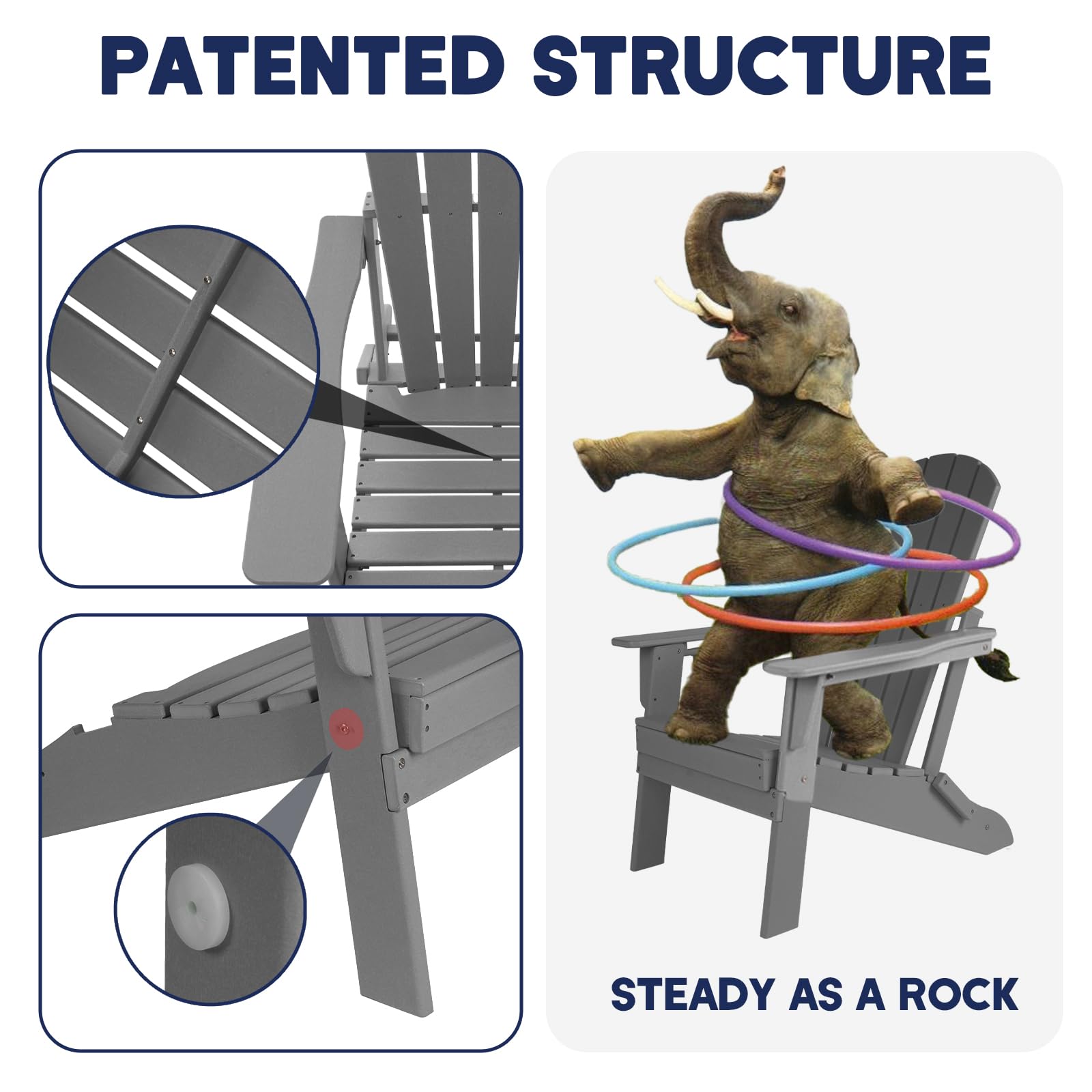 Plawdlik Folding Adirondack Chair, SGS Tested, Wooden Textured with Cup Holder, Heavy All-Weather HDPE Comfortable Set Poolside Backyard Lawn Grey