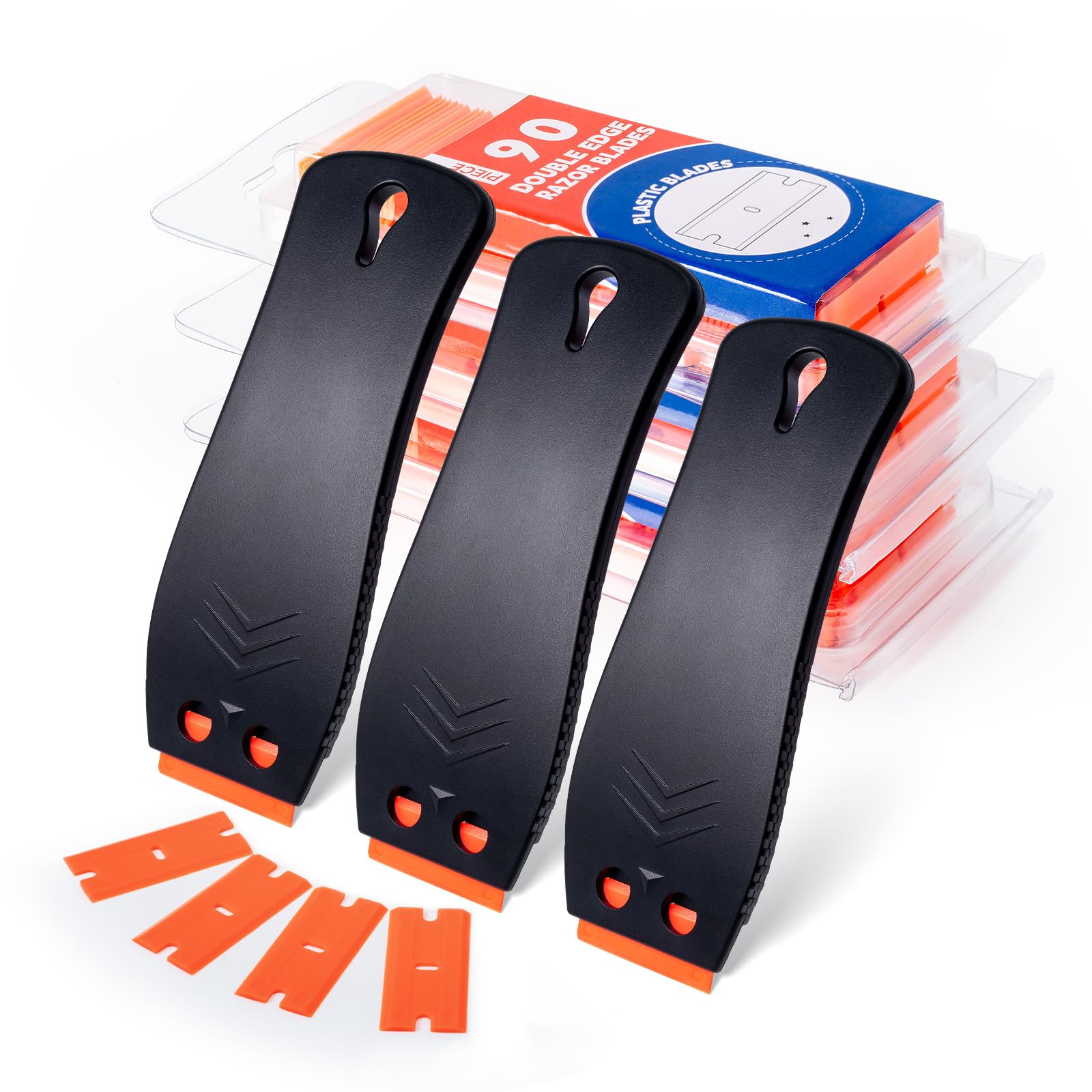 FOSHIO Razor Blade Scraper, 3 Pack Large Scraper Tool with 270PCS Double Edged Razor Blade Plastic Razor Blades, Glass Scraper for Windows, Decals, Tint, Stickers, Labels, Caulk, Adhesive(Black)