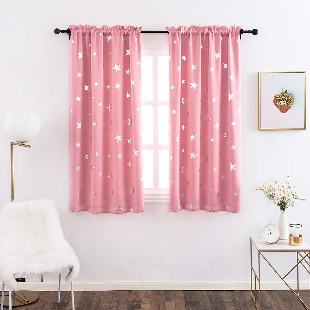 Anjee Kids Blackout Curtains for Girls Room with Foil Print Star Pattern Window Drapes for Bedroom, 38 x 45 Inches, Pink