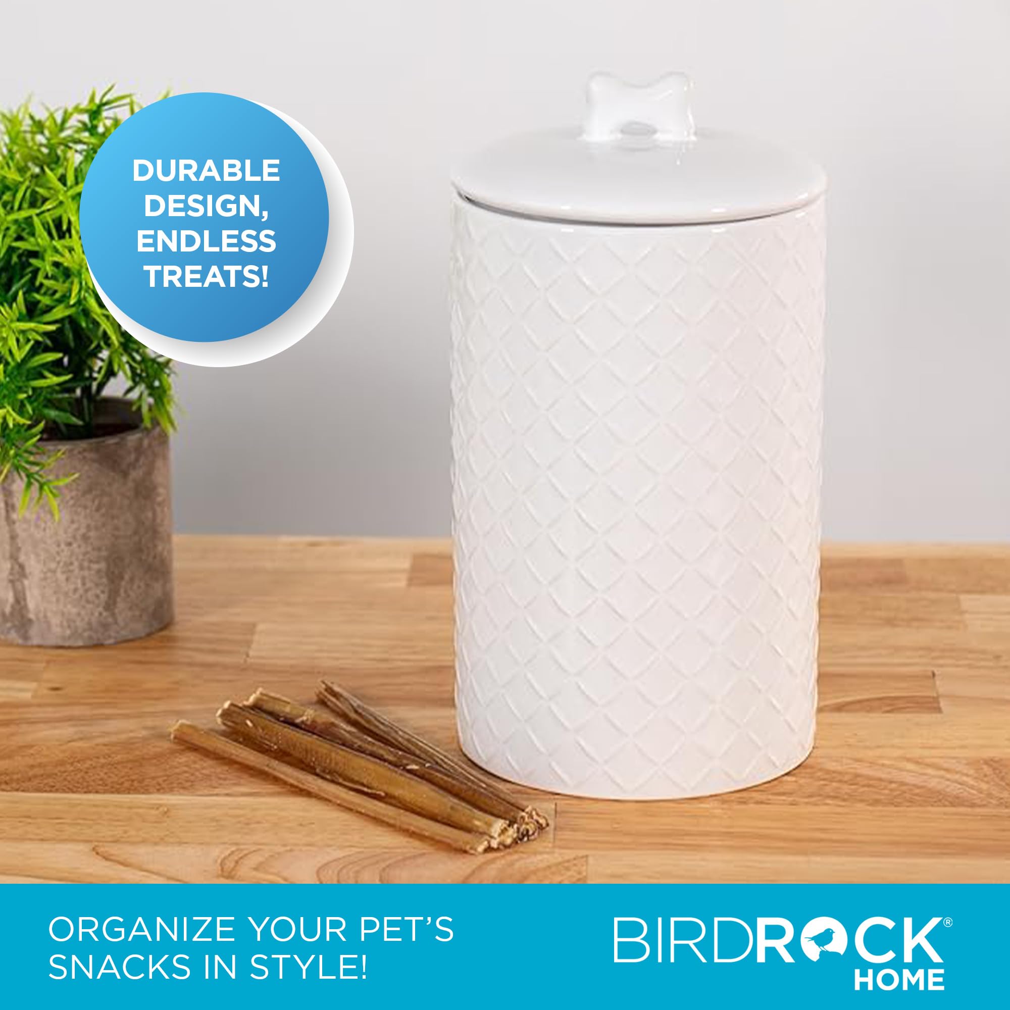 BIRDROCK HOME Large Dog Treat Container Jar | Holds 7 Cups | Durable White Ceramic Canister with Airtight Seal & Bone Handle Lid | Ideal for Kitchen Counter or Pantry Storage | Pet Food Safe | 9" x 5"