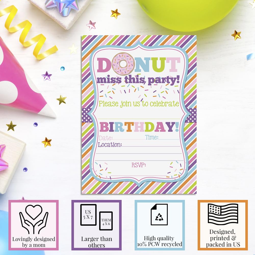 Colorful Donut with Sprinkles Birthday Party Invitations, 20 5x7 Fill In Cards with Twenty White Envelopes by AmandaCreation