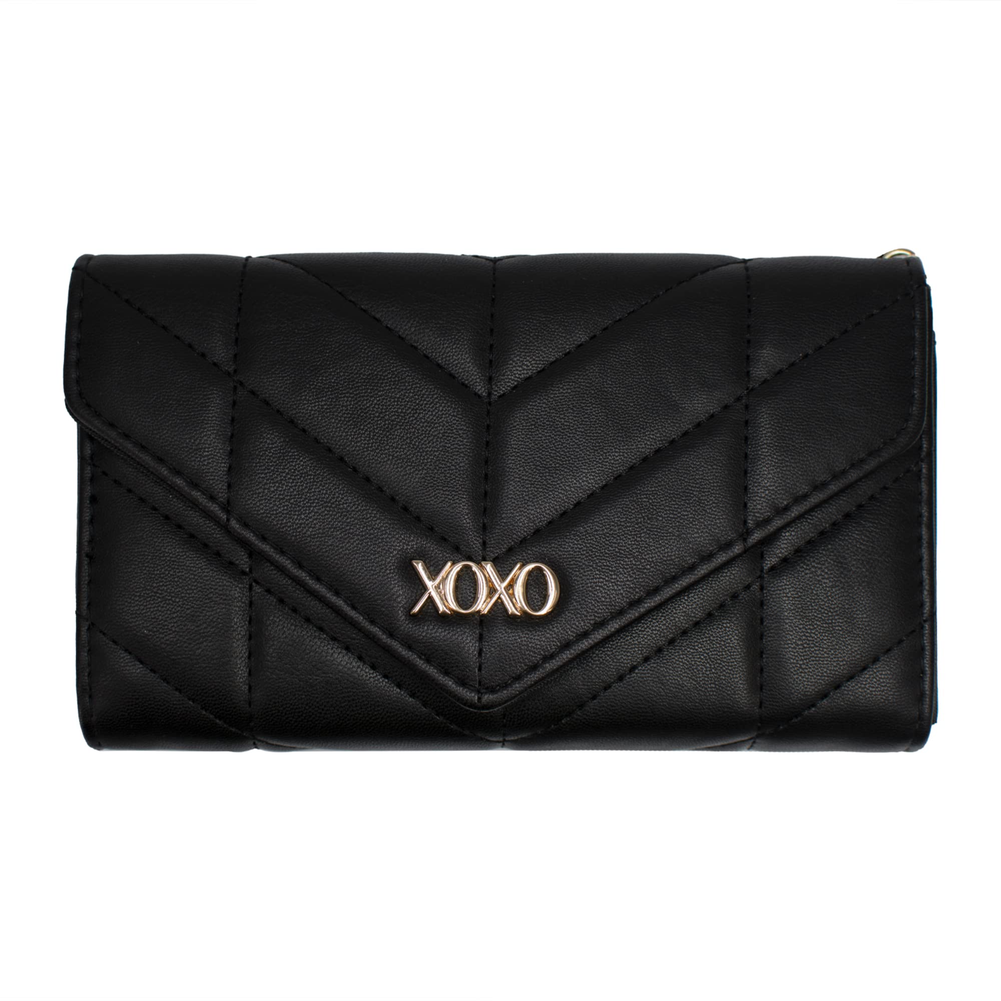 XOXO Women’s Wallet Small Black Vegan Leather Quilted Pattern Fold With Chain Crossbody Strap