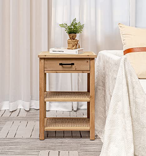 Brown Natural Solid Wood End Table with Drawer, Industrial Nightstand Sofa Side Table with 2 Tier Rattan Shelf, Fit for Bedroom, Living Room