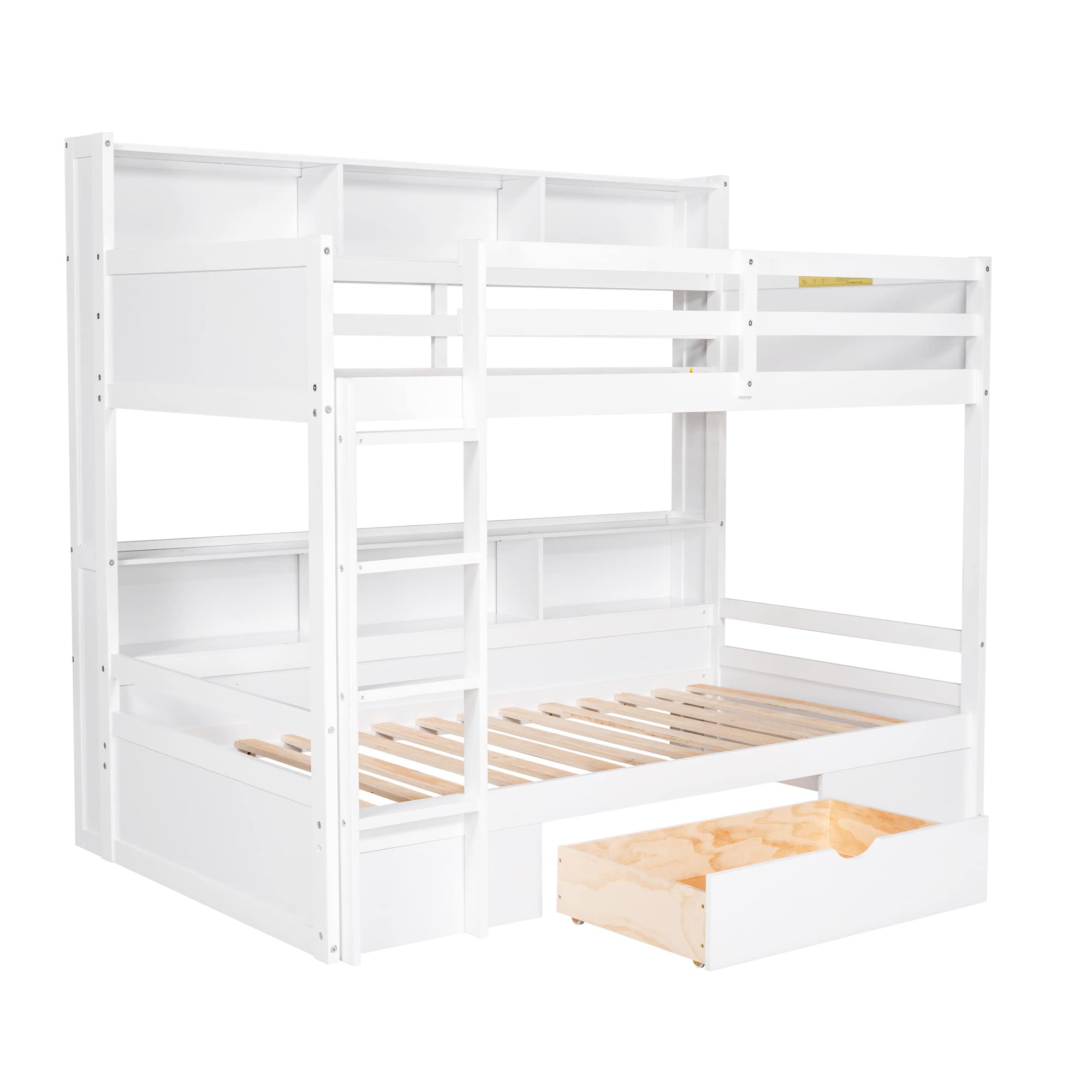BIADNBZ Twin Over Twin Bunk Bed with Storage Drawer and Built-in Shelves Beside Both Upper and Down Bedframe, for Kids Teens Adults Bedroom, White