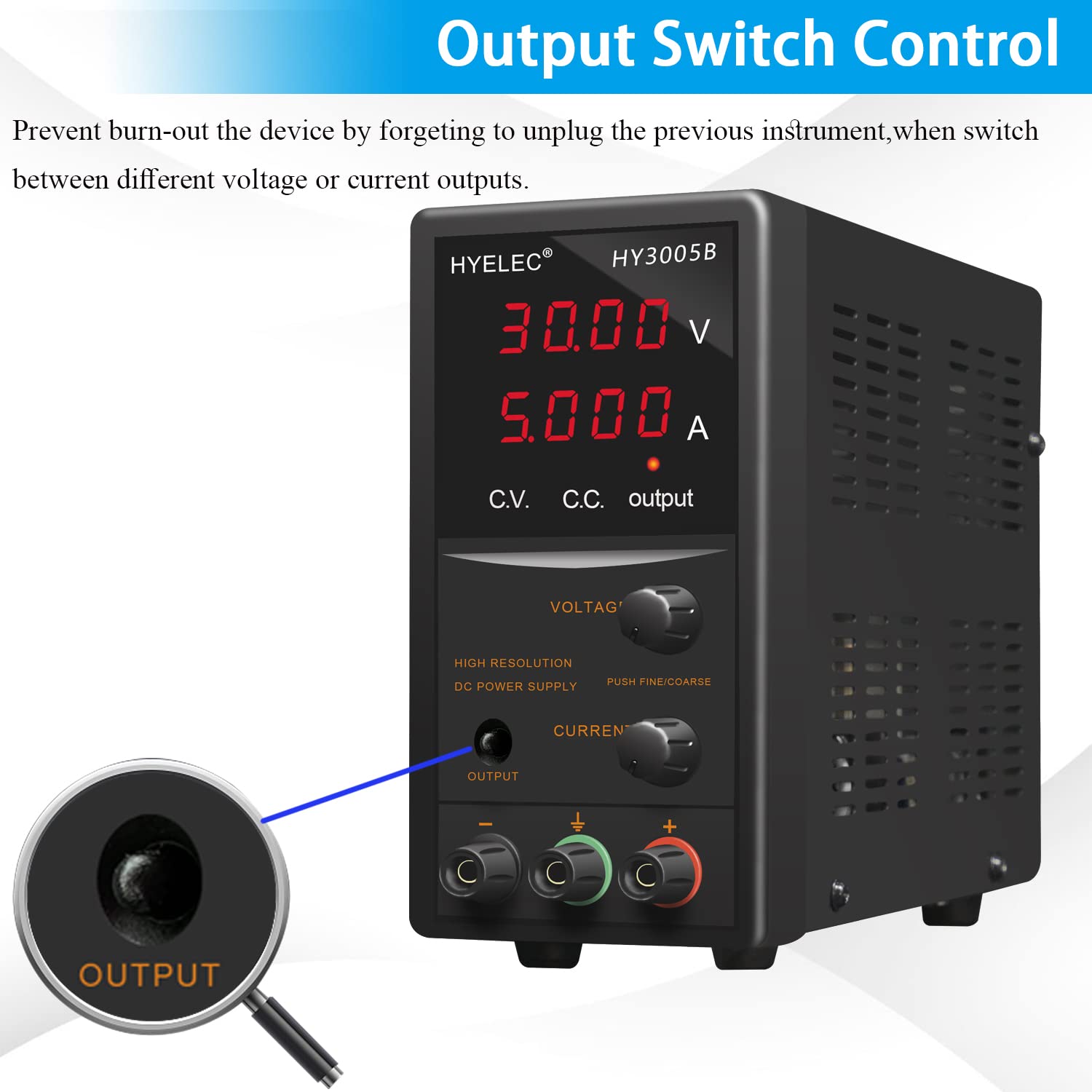 DC Power Supply Variable, Hyelec 30V 5A Adjustable Switching Regulated DC Bench Power Supply with 4 Digits LED Display, Data Hold,Coarse and Fine Adjustment with 110V Alligator Leads