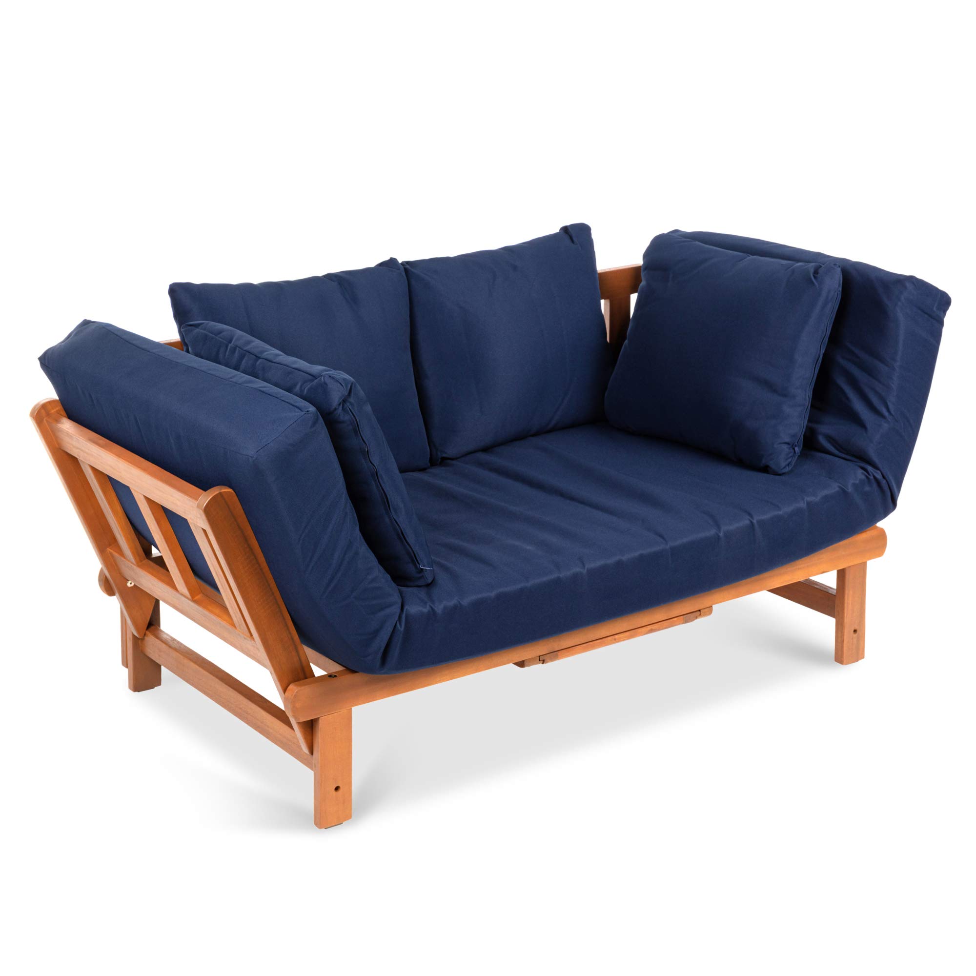 Best Choice Products Outdoor Convertible Acacia Wood Futon Sofa Furniture for Patio, Balcony, Poolside, Backyard w/Pullout Tray, Removable Weather-Resistant Cushion & 4 Pillows - Navy Blue