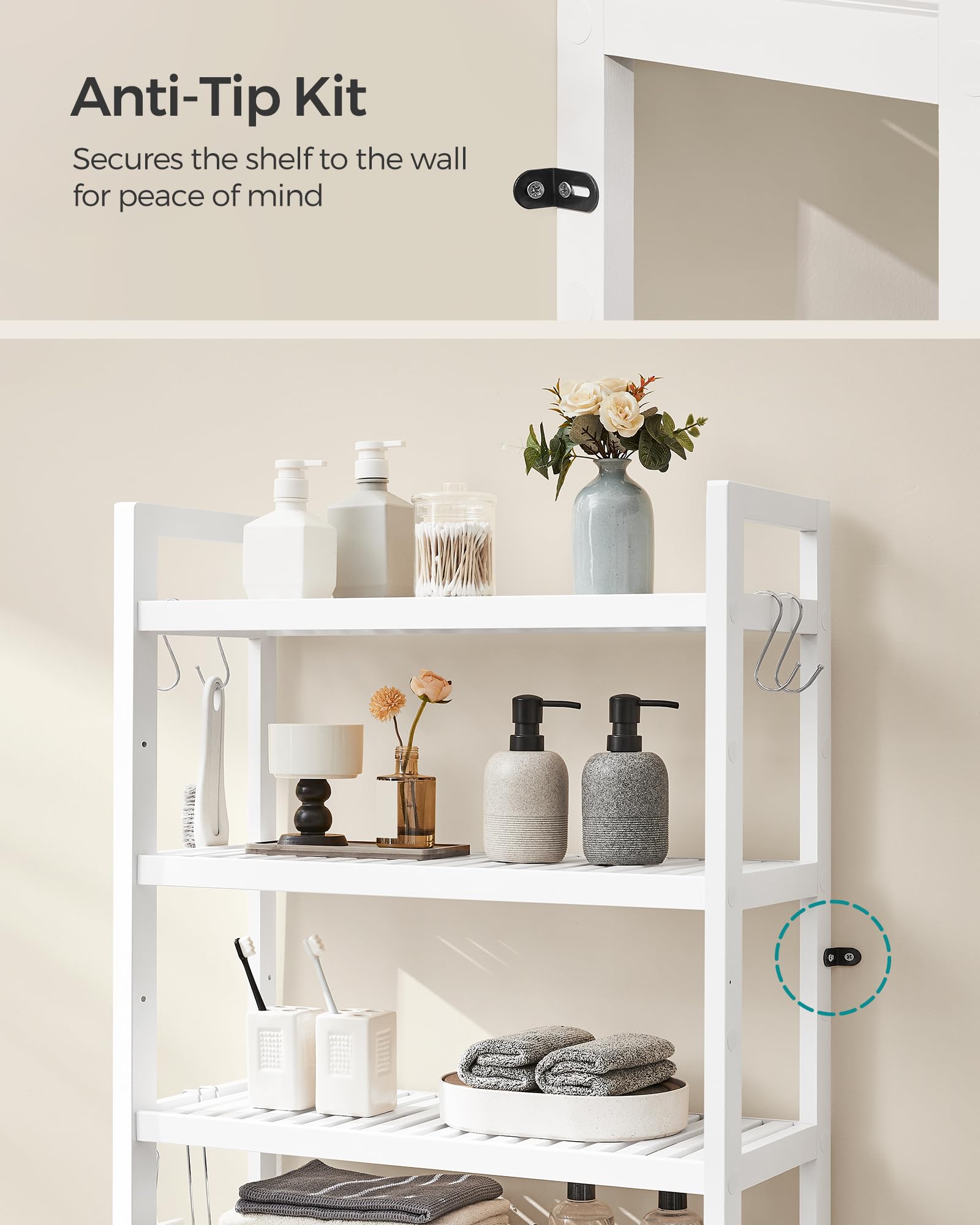 SONGMICS Over The Toilet Storage, 4-Tier Over Toilet Bathroom Organizer with Adjustable Shelf, Fit Most Toilets, Space-Saving, Easy Assembly, Cloud White UBTS041W01
