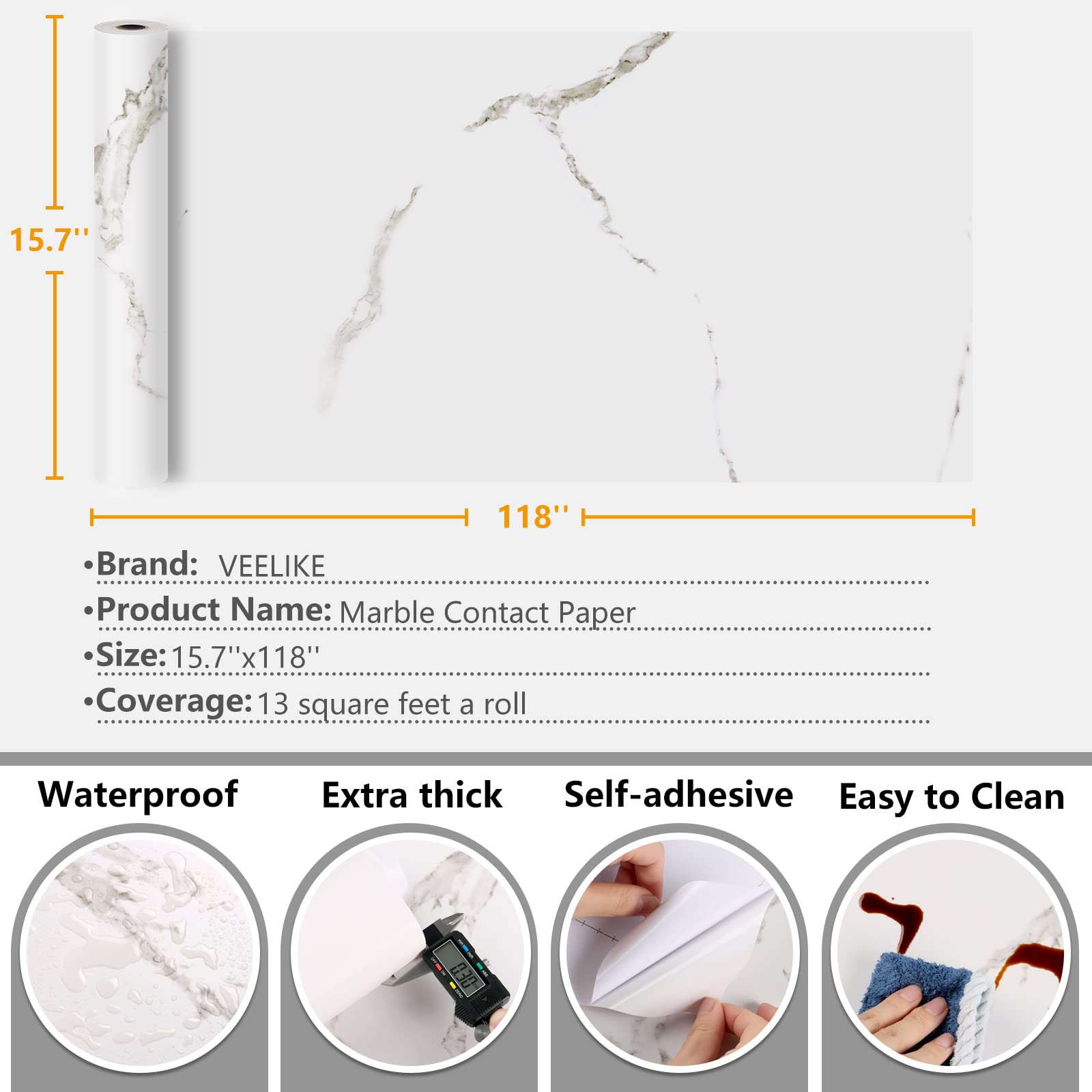 VEELIKE 15.7''x118'' White Marble Contact Paper for Countertops Waterproof Self Adhesive Matte Marble Wallpaper Peel and Stick Countertops for Kitchen Counter Top Covers for Bathroom Table Cabinets