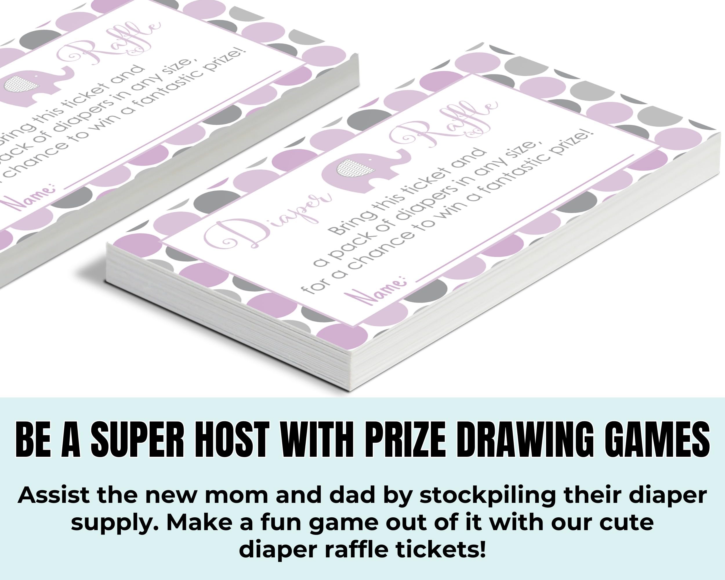 Purple Elephant Diaper Raffle Tickets, Girls Baby Shower Games for Prizes, Baby Shower Diaper Raffle Invitation Insert Cards, 25 Pack