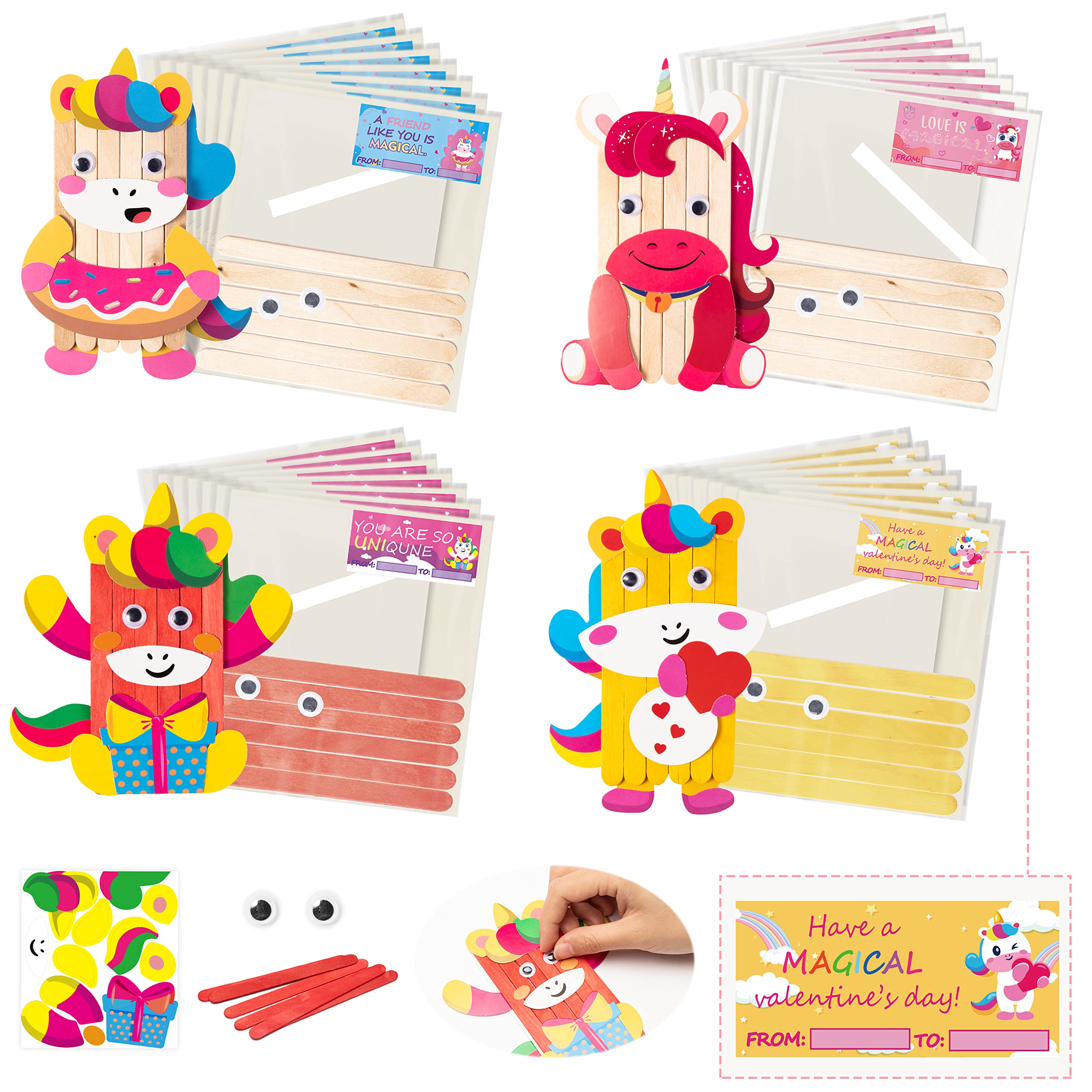 Xqumoi 28Pcs Valentine's Day Unicorn Wooden Sticks DIY Crafts Kit Exchange Gift with Creative Gift Cards Art Craft Ornament with Googly Wiggle Eyes Handmade Projects Party Decorations Favors for Kids