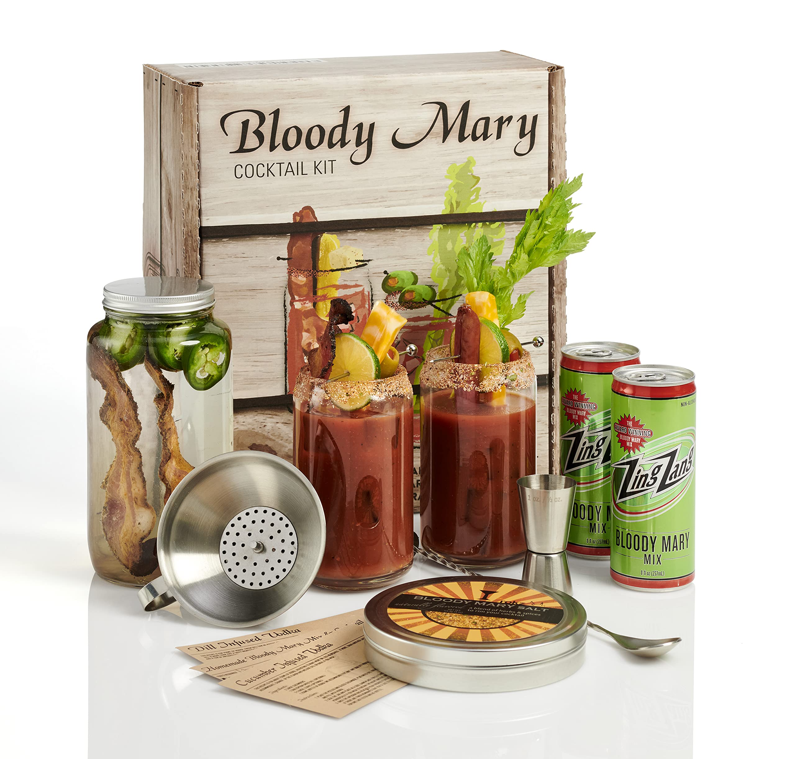 Bloody Mary Cocktail Kit: 16 oz Beer Can Drinking Glass Set | Zing Zang Bloody Mary Mix | Rokz Salt Tin | Infusion Jar | Bar Spoon | Jigger | Garnish Picks | Recipe Cards