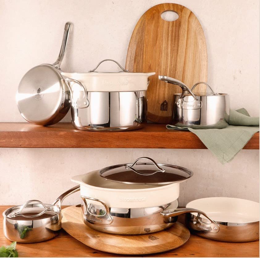 Bloomhouse - Oprah's Favorite Things - 12 Piece Triply Stainless Steel Pots and Pans Cookware Set w/Non-Stick Non-Toxic Ceramic Interior, Ceramic Steamer Inserts, & 12 Protective Care Bags