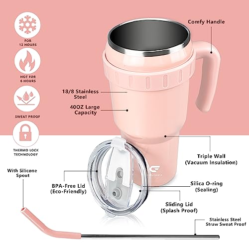 Camicour 40 Oz Tumbler With Handle Insulated Travel Mug With Straw,Reusable Stainless Steel Water Bottle Travel Mug Iced Coffee Cup,Keeps Drinks Cold Up To 34 Hours Or Hot For 12 Hours (Pink)