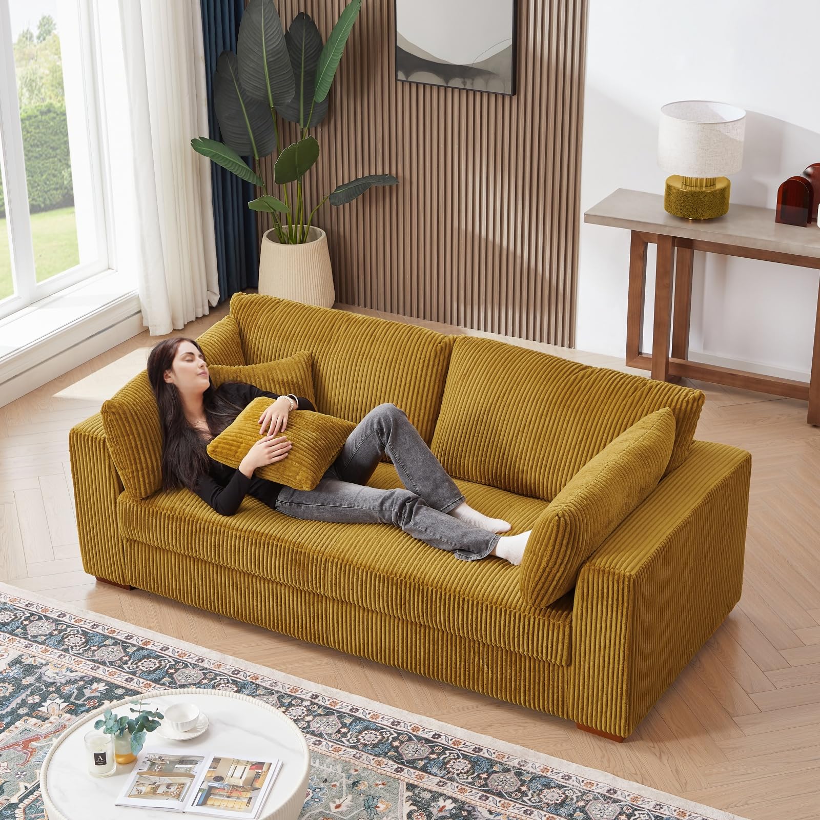 Chorlenimi Modern Upholstered Sofa, Soft Corduroy Fabric 3 Seater Small Couch with Armrest, 4 Pillows, Removable Back and Seat Cushions for Living Room and Bedroom (Yellow)