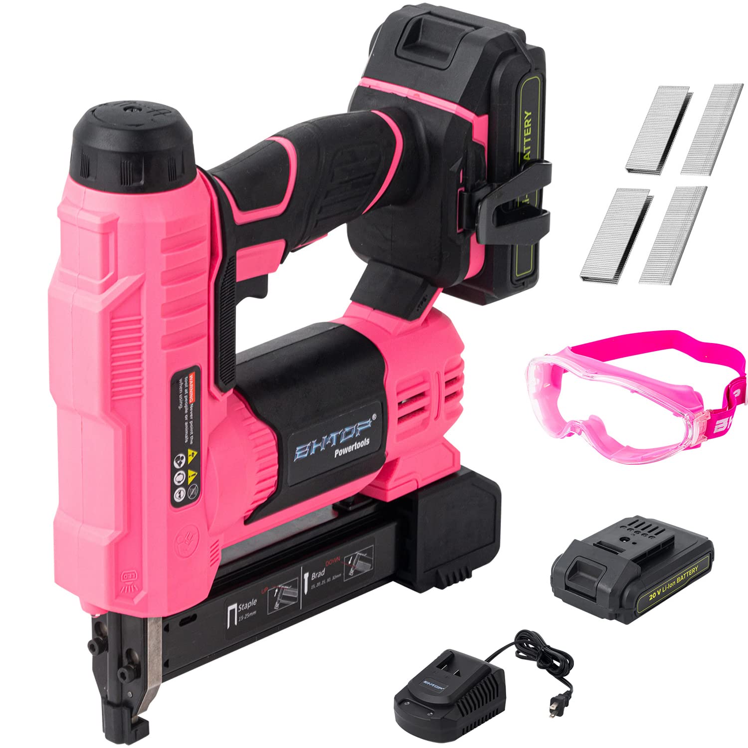 BHTOP 20V Cordless Brad Nailer&Stapler, 18 Gauge 2 in 1 Stapler Kit, Heavy Finish Nail Gun with 2.0A Rechargeable Battery, Charger, 2500 Brad Nails and 500 Staples in Pink