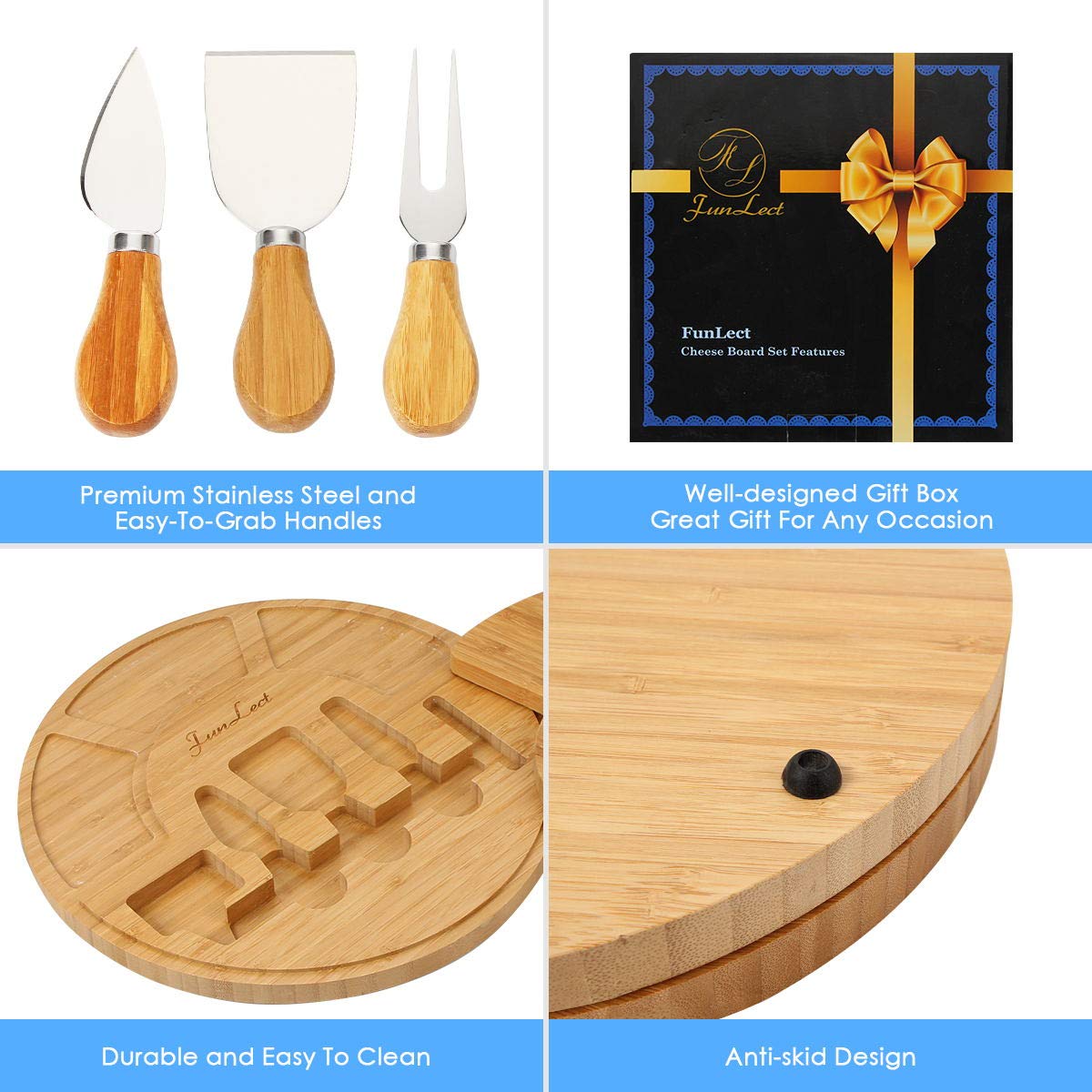 Bamboo Cheese Board SetāServing Tray and Cheese Serving Platter Round Cheese Board and Knife Set for Cracker and Brie Large Charcuterie Board Set and Cheese Tray for Housewarming Gift-Round