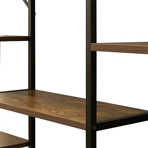 Boloni Triple Bookshelf, Bookcase with 11 Open Platforms, Large Etagere Wood Bookcase with Metal Frame for Living Room, Bedroom, Brown