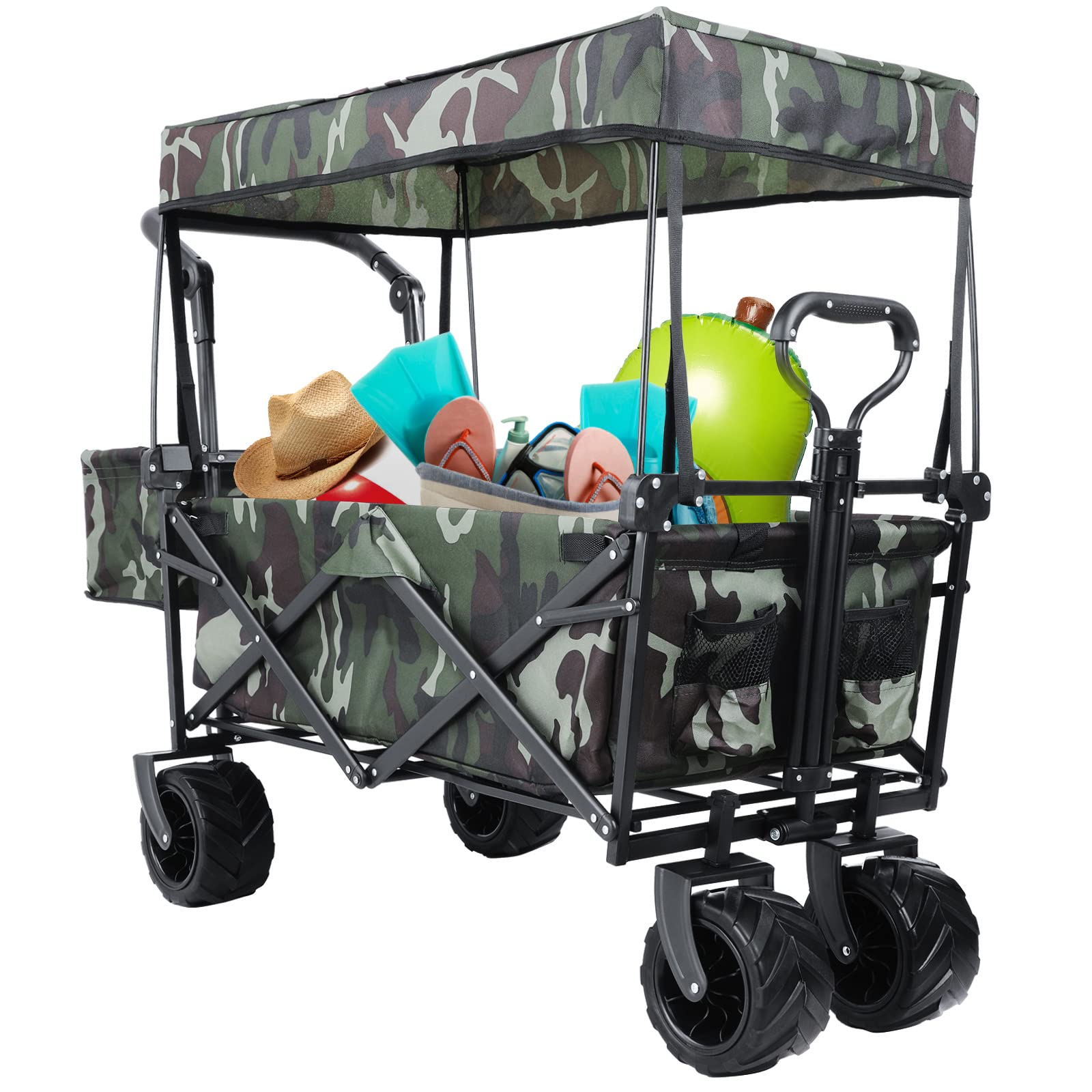AthLike Extra Large Collapsible Wagon w/Removable Canopy, 250lbs Foldable Garden Cart w/Rear Storage, Heavy Duty Outdoor Push&Pull Utility Camping Beach Stroller w/Big Wheel&Adjustable Handles, Black