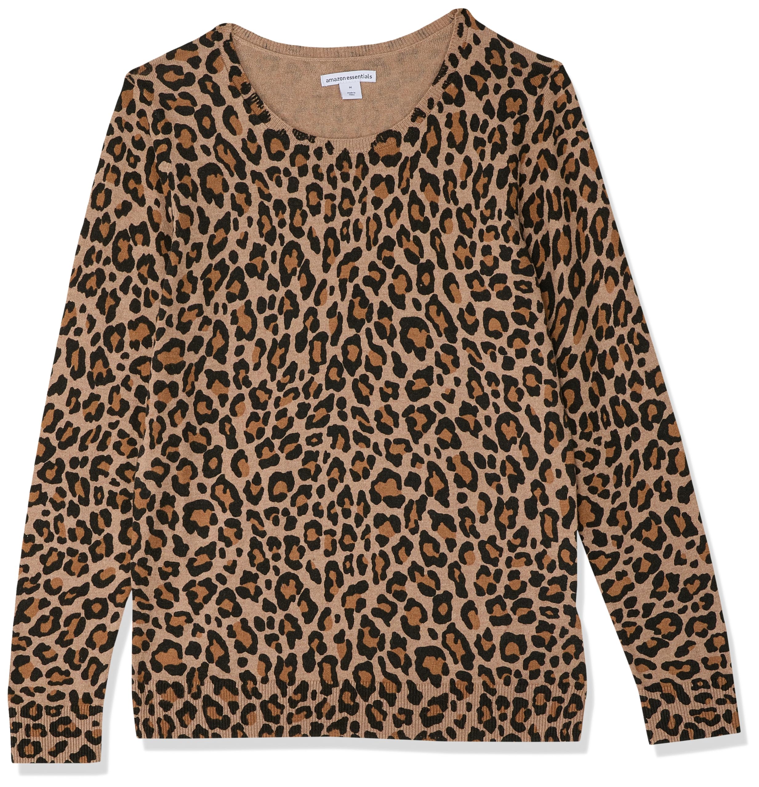 Amazon Essentials Women's Long-Sleeve Lightweight Crewneck Sweater (Available in Plus Size), Camel Cheetah, X-Large