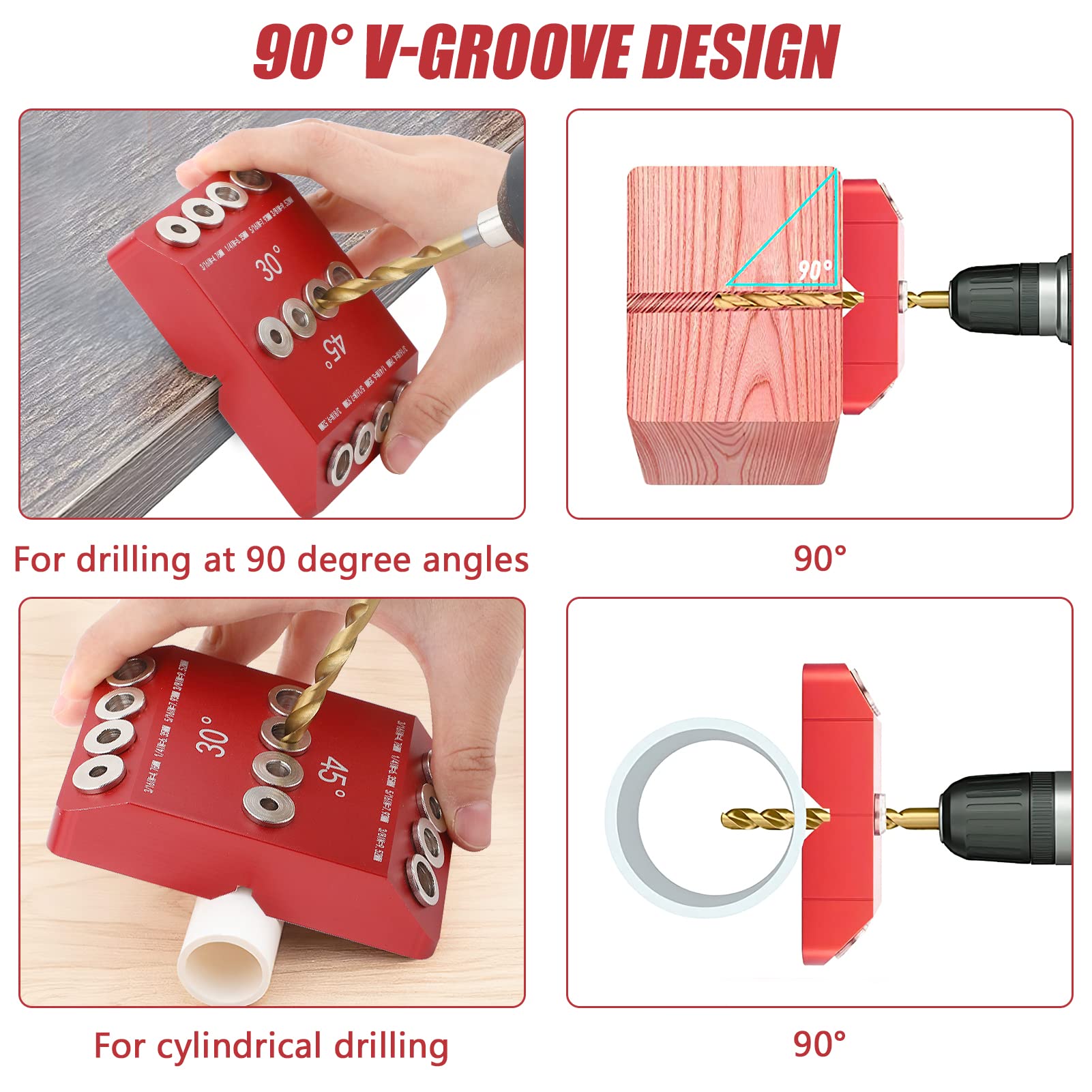 BestMal Drill Guide Jig, 4 Bits for Straight and 30 45 90 Degree Angled Holes, 4 Sizes, All Metal Jig for Stairs Handrail, Cable Railing, Deck, Wood Post and Lag Screw