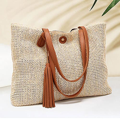 Felice Ann Women Large Tassels Straw Woven Shoulder Bag Beach Handbag Top-handbag Bag Purse Large Brown