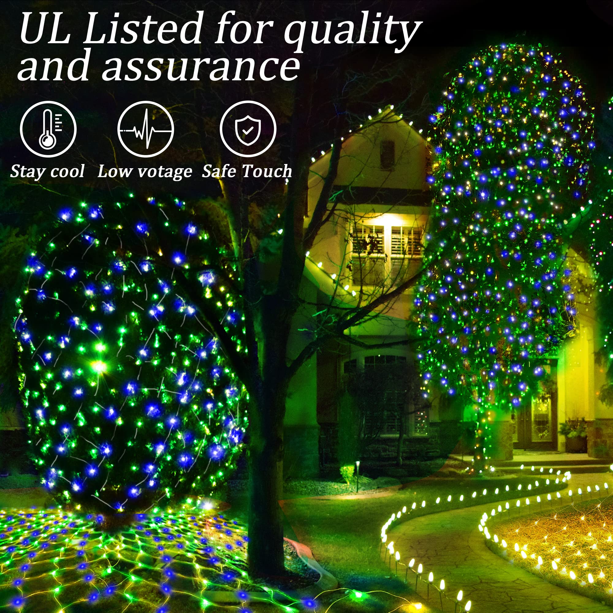 XURISEN 9.8ft x 6.6ft Christmas Net Lights,200 LED Mesh String Lights with Remote,8 Modes Connectable Net String Christmas Lights for Garden, Bushes, Wedding, Xmas Tree Decorations(Blue+Green)