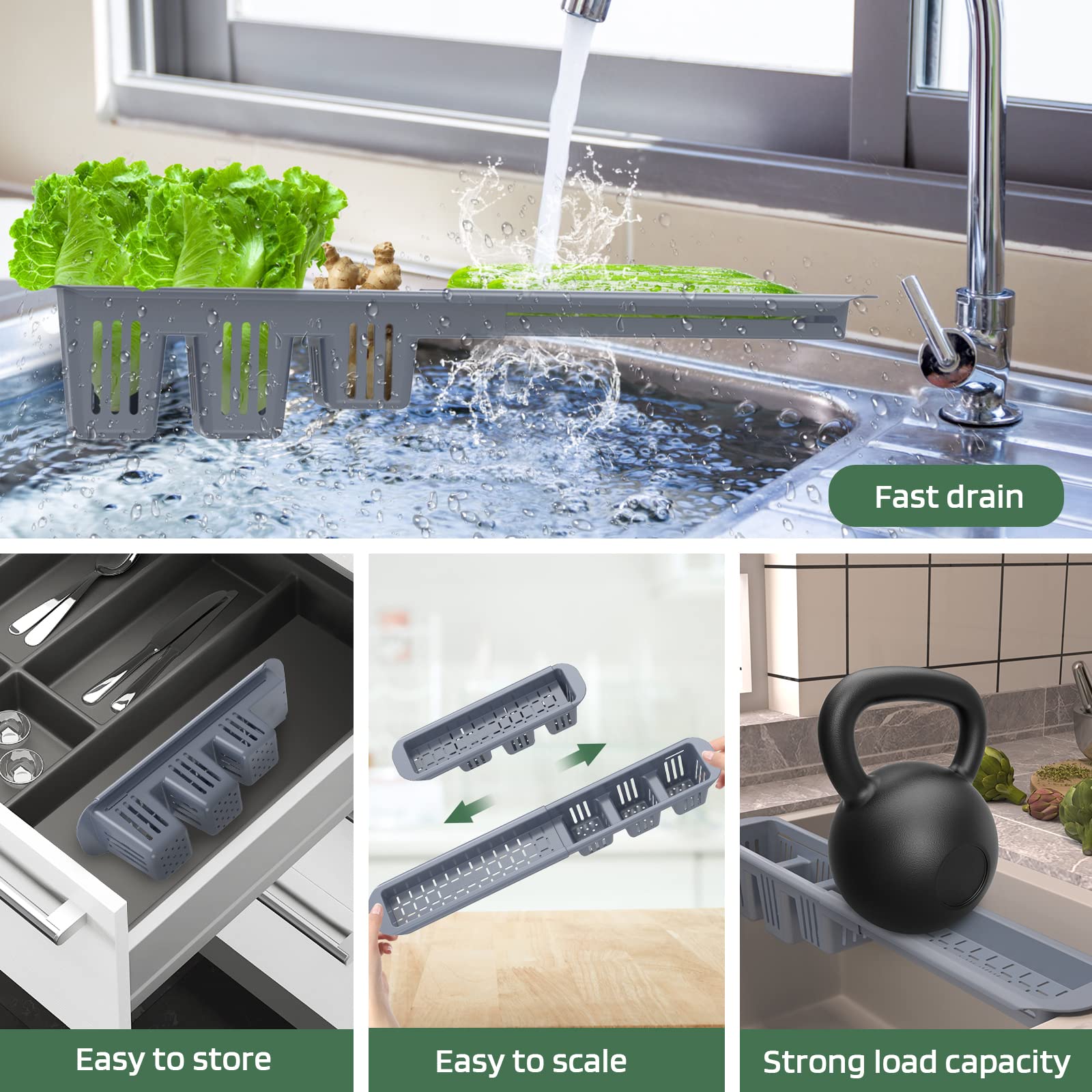 BBXTYLY Over The Kitchen Sink Caddy Sponge Holder Organizer Drying Rack,Kitchen Soap Dispenser Caddy Organizer, Countertop Soap Dish Rack Drainer with Removable Expandable Drain Tray 11.4" to 22.8"