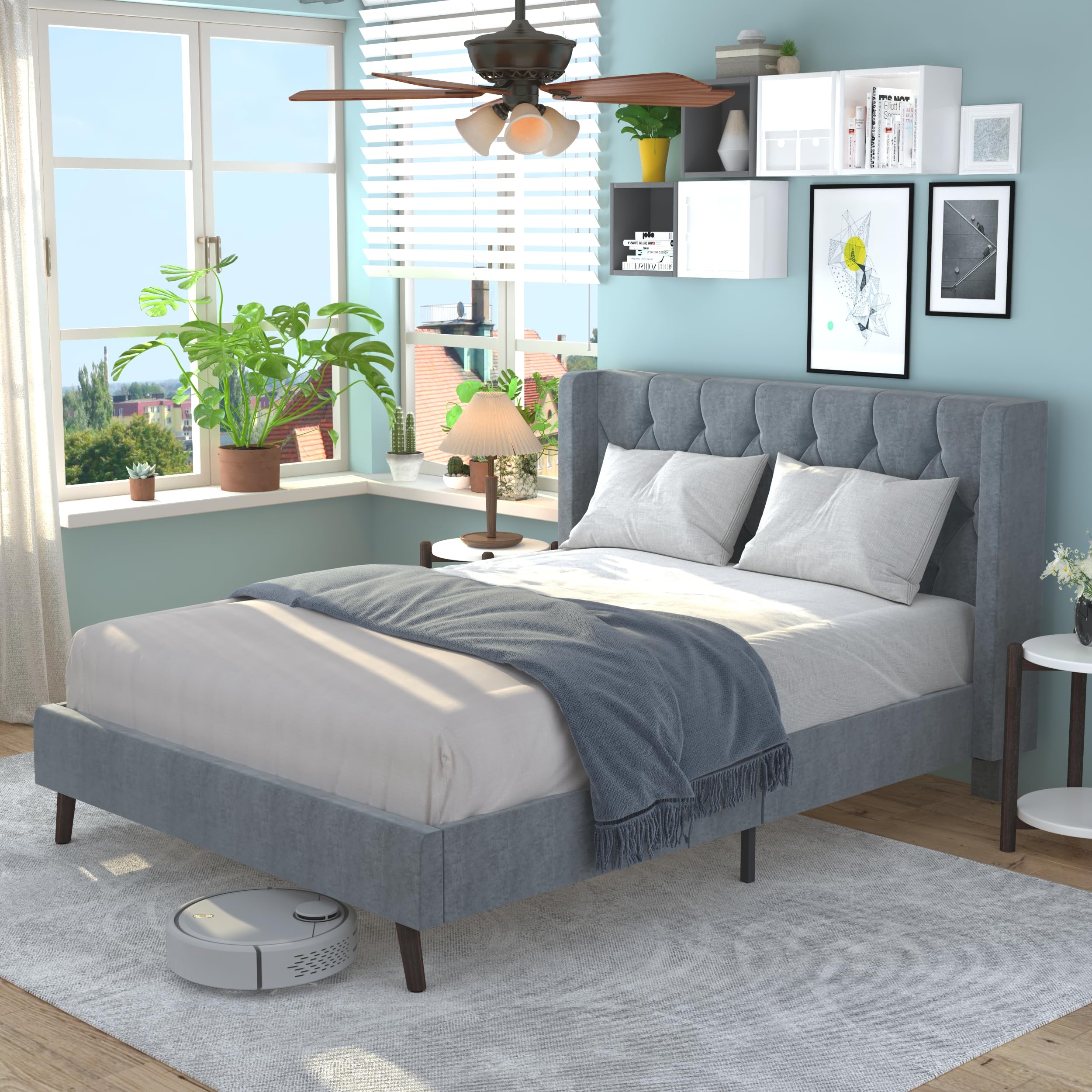 Chenoa Upholstered Full Size Bed Frame Tufted Platform Bedframe with Wingback Headboard, Wood Slat Mattress Foundation, No Box Spring Needed, Noise-Free and Non-Slip, Easy Assembly, Light Gray
