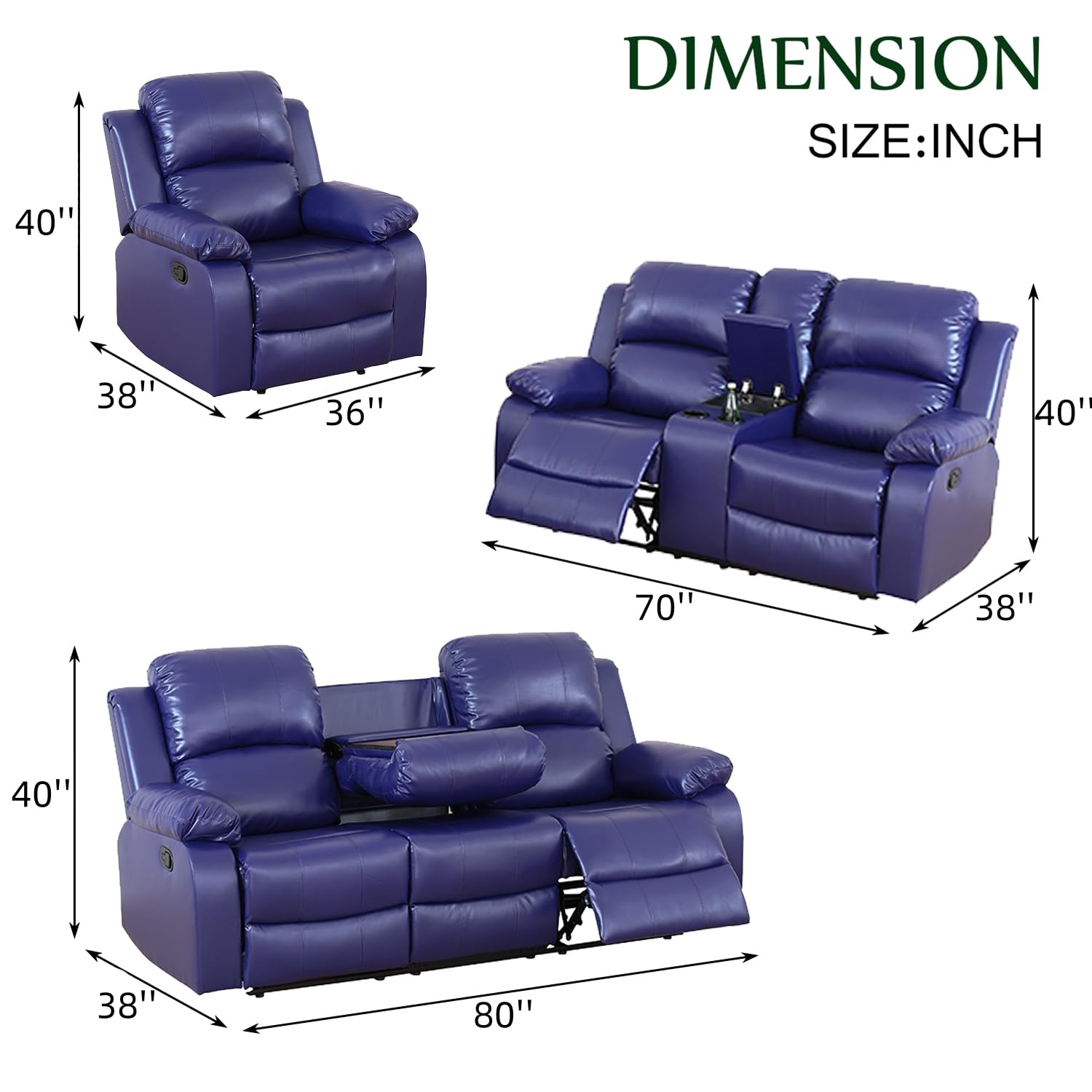 Caberryne 2 Pieces Leather Recliner Sofa Set,Recliner Sofa and Loveseat Sets for Living Room Furniture Sets,Dark Blue Recliner Couch Set for Living Room/Office/Theater Seating(Sofa Set 2 Pieces)