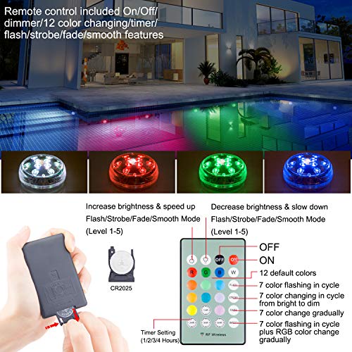 BIGMONAT Battery Operated Shower Lights Waterproof, Submersible Led Pool Light, Dimmable RGB Under Water Light with Remote and Timer, Adhesive Color Changing Lights for Bathtub Vase Fish Tank Pond