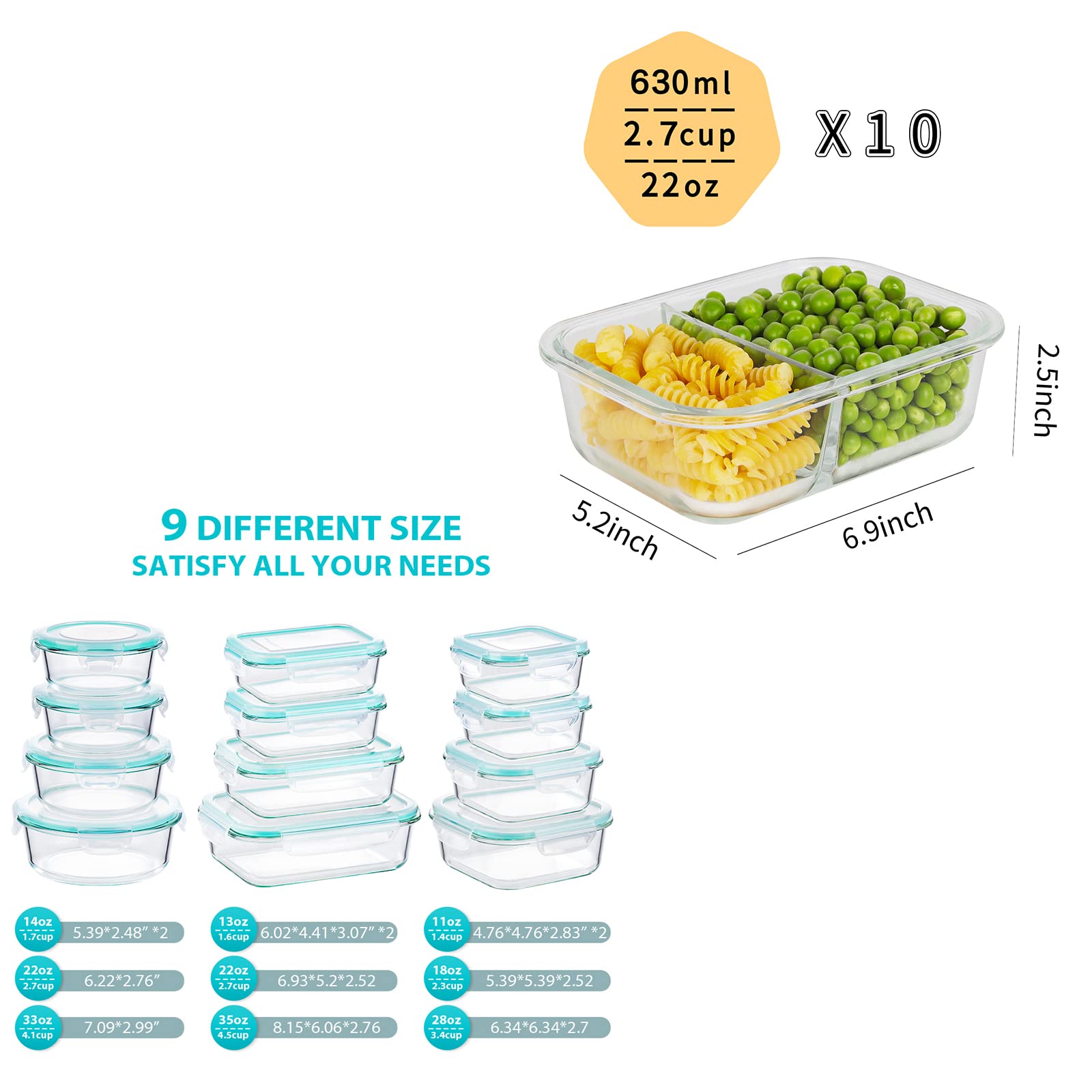 Bayco [24 Pieces] and [10 Packs] 2 Compartment Glass Food Storage Containers with Lids, Airtight Glass Lunch Bento Boxes, BPA-Free & Leak Proof