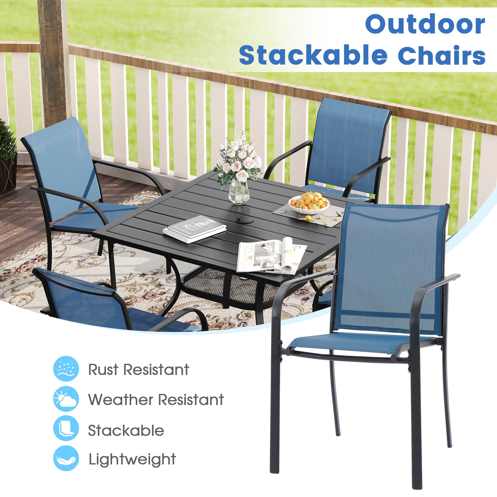 VICLLAX 5 Pieces Patio Dining Set, Outdoor Furniture Set Includes 1 Square Patio Table and 4 Stackable Patio Sling Chairs, Outdoor Table and Chairs for Outsides, Grey Wood-Like Table and Grey Chairs