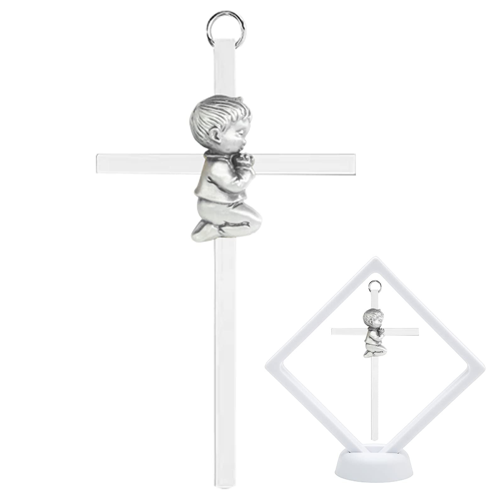 Christmas Gifts for Boy,Baby Baptism Wall Cross, Silver Blessing Christening Crosses, Baptismal Gifts from Godparents, First Holy Communion, Birthday, Baby Shower, White Display Box 4 Inch
